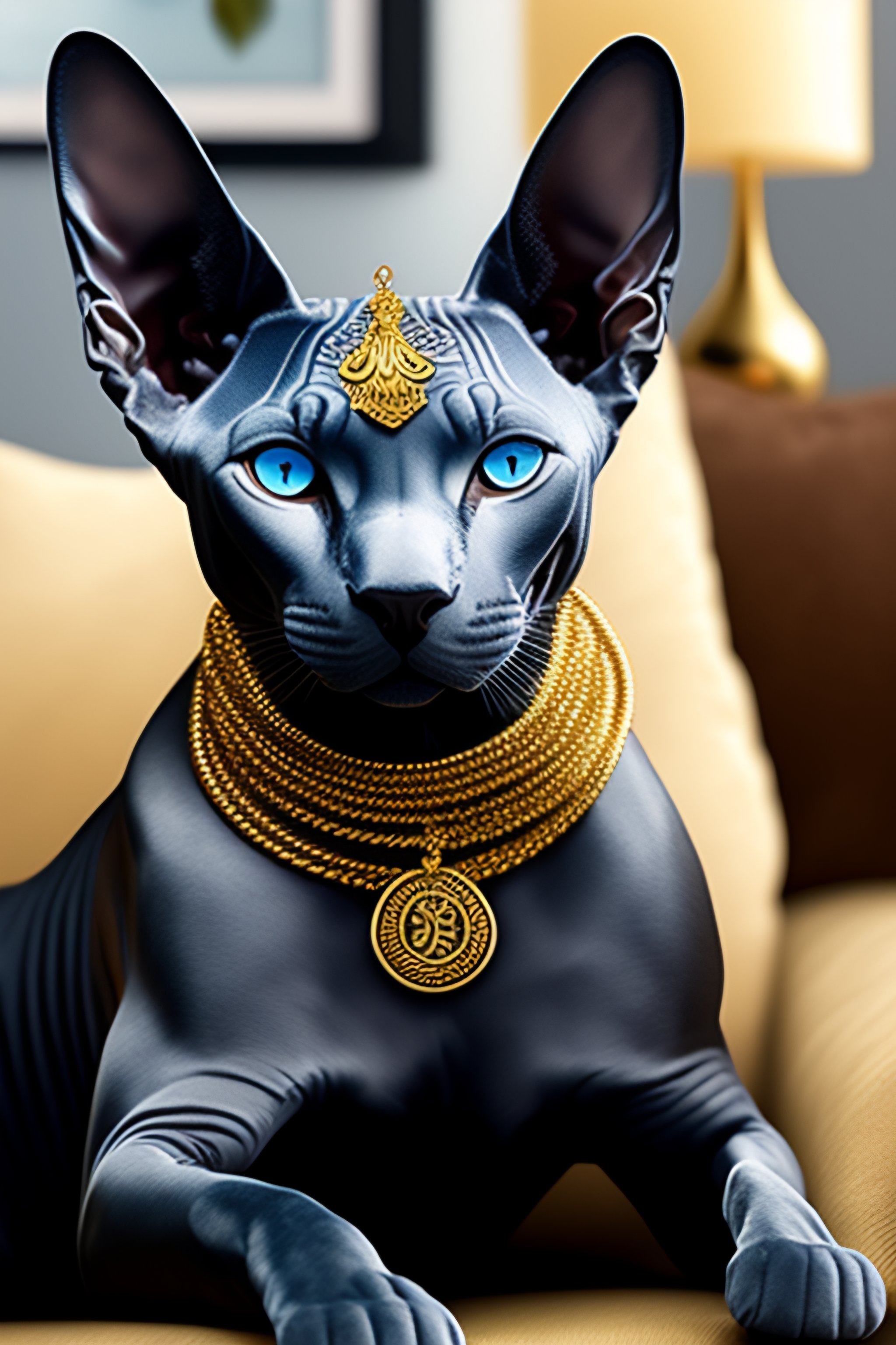 Lexica - All gray sphynx wearing blue layered chain necklace counting dollars in a luxury gold sofa