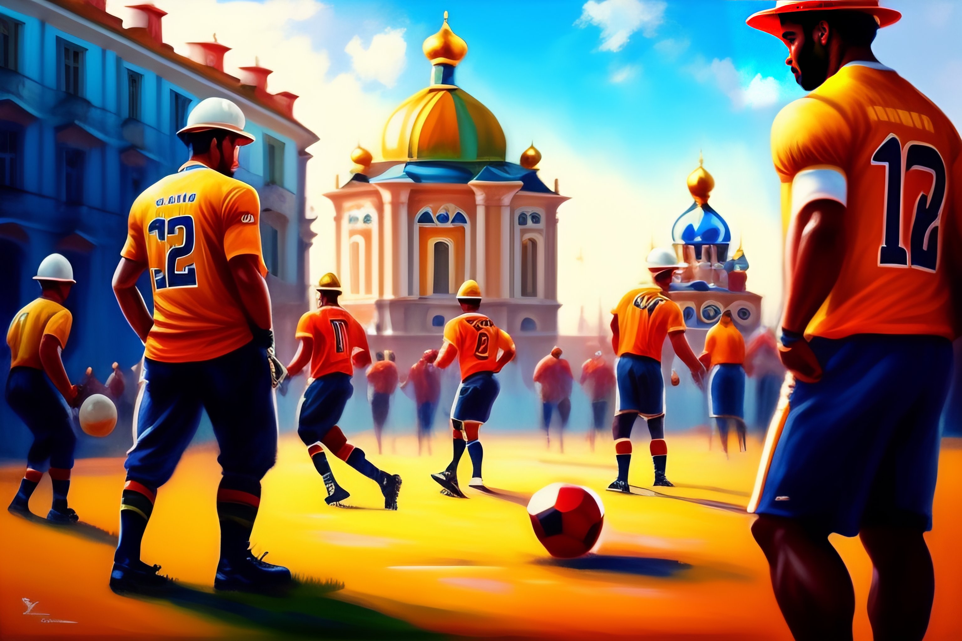Lexica - Builders in helmets playing football in St. Petersburg on a ...