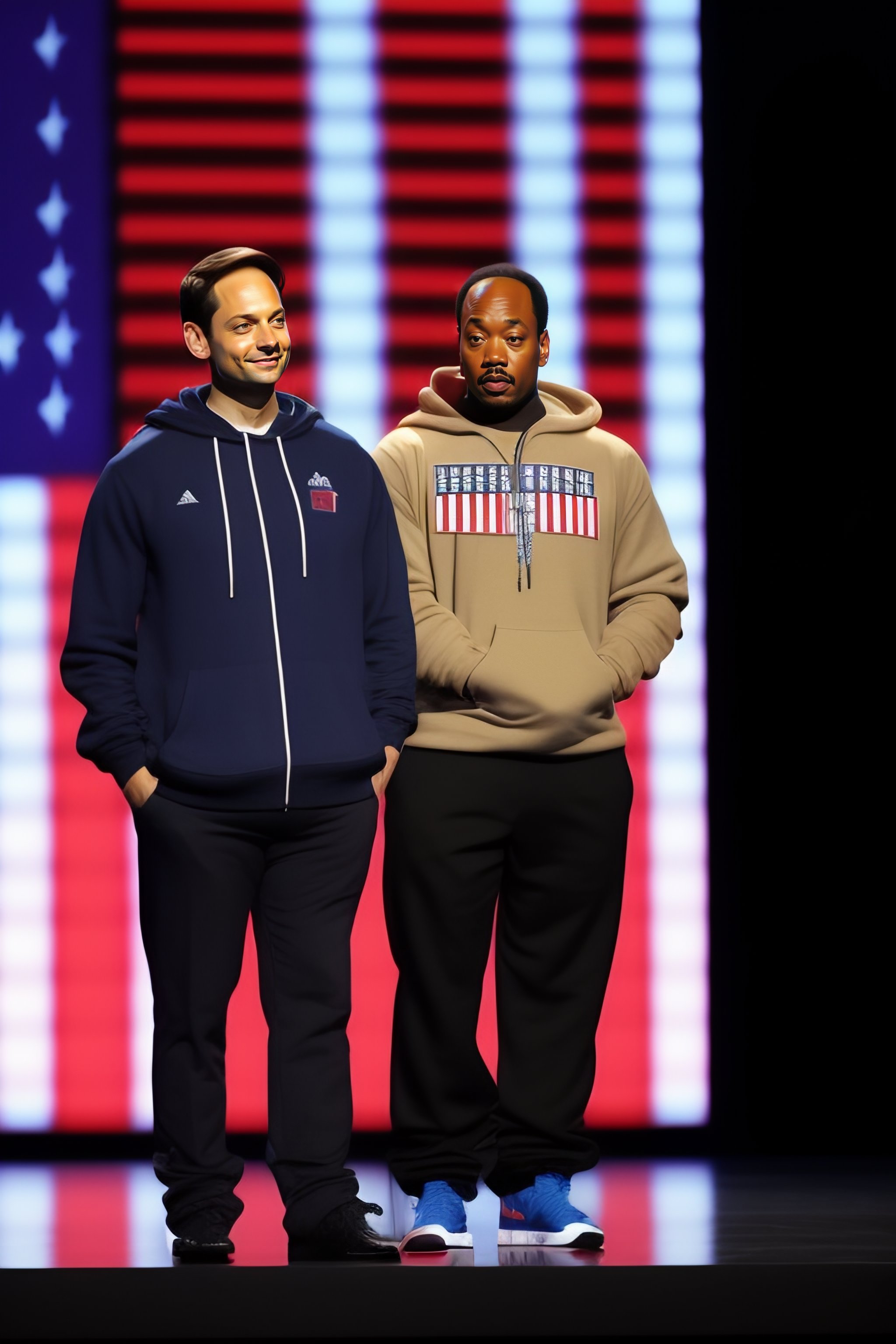 Lexica - Tobey Maguire in a hoodie and american flag running shorts and ...