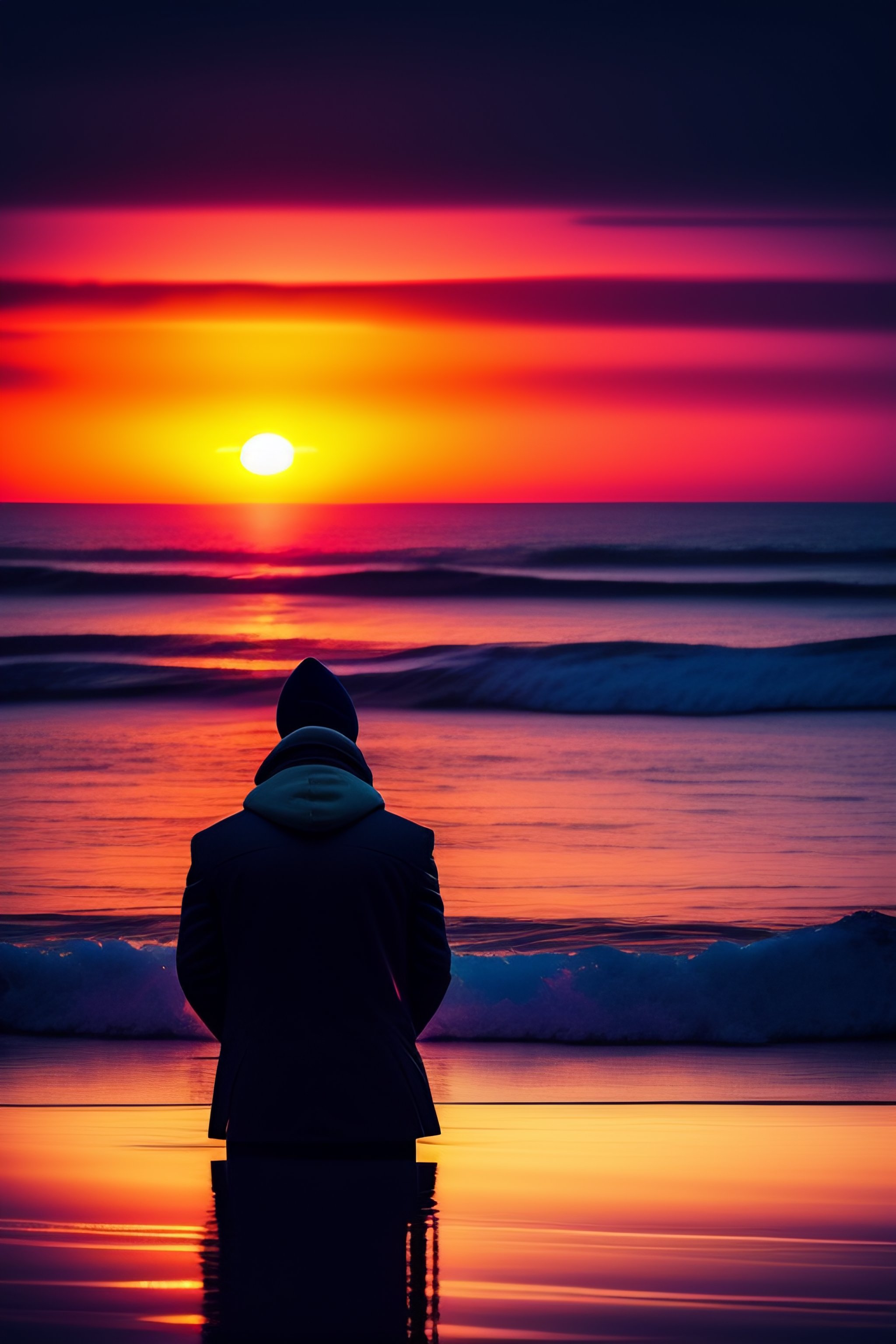 Lexica - A violinist in dark sea with a beautifull sunset, sad environement