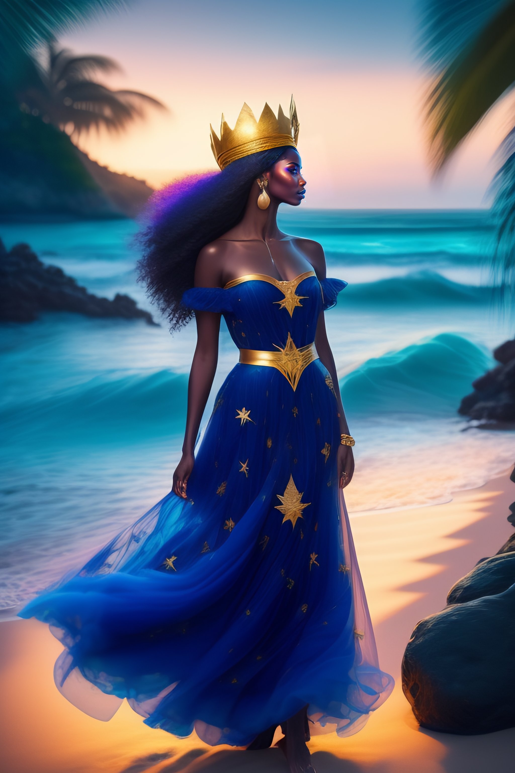 Lexica - Beautiful black princess wearing blue dress with gold crown ...