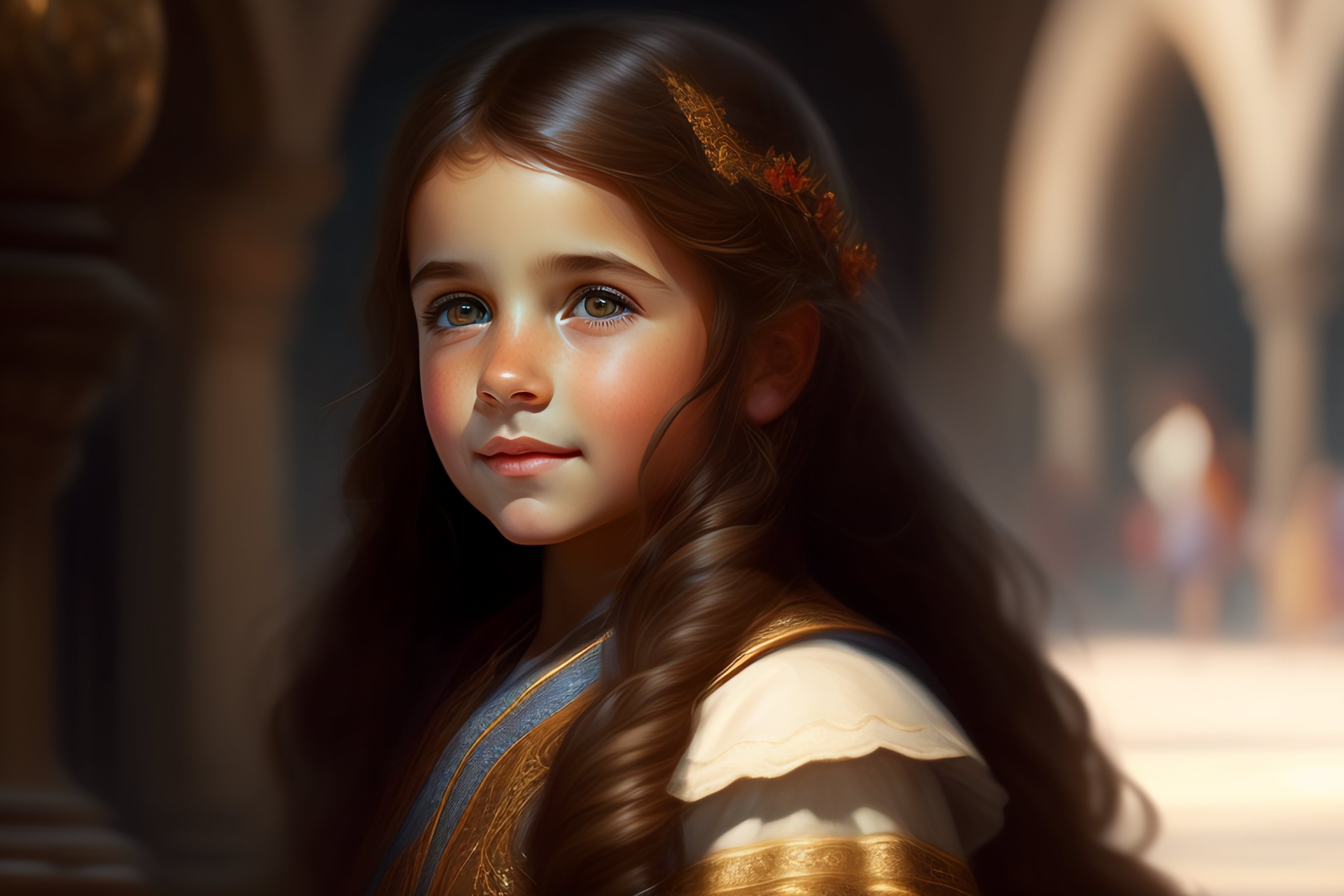 Lexica - A detailed portrait of a cute calm brunette girl, 8 years old, following Jesus down the ...