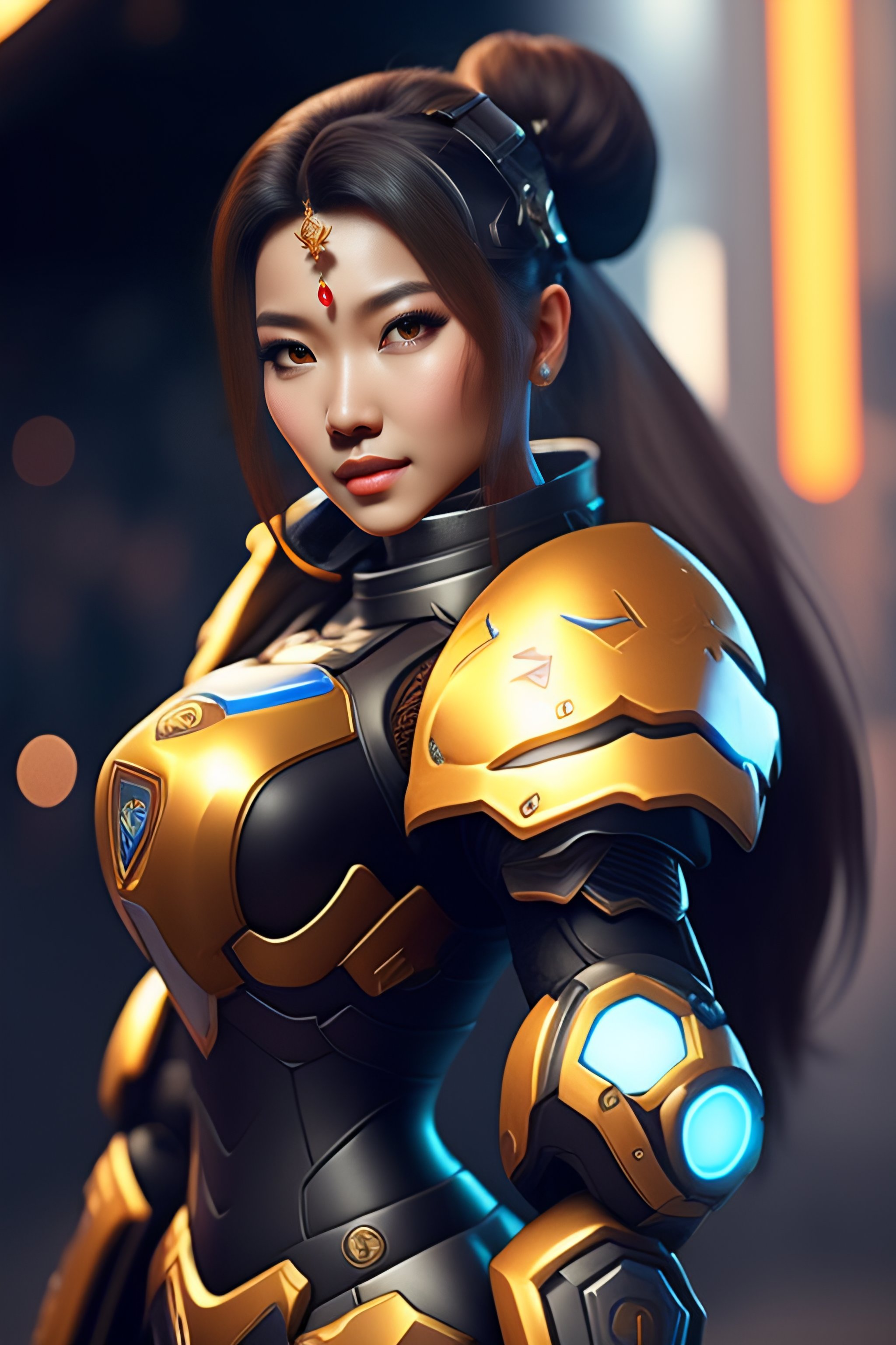 Lexica - A girl with a robotic armor and a black mace, overwatch style