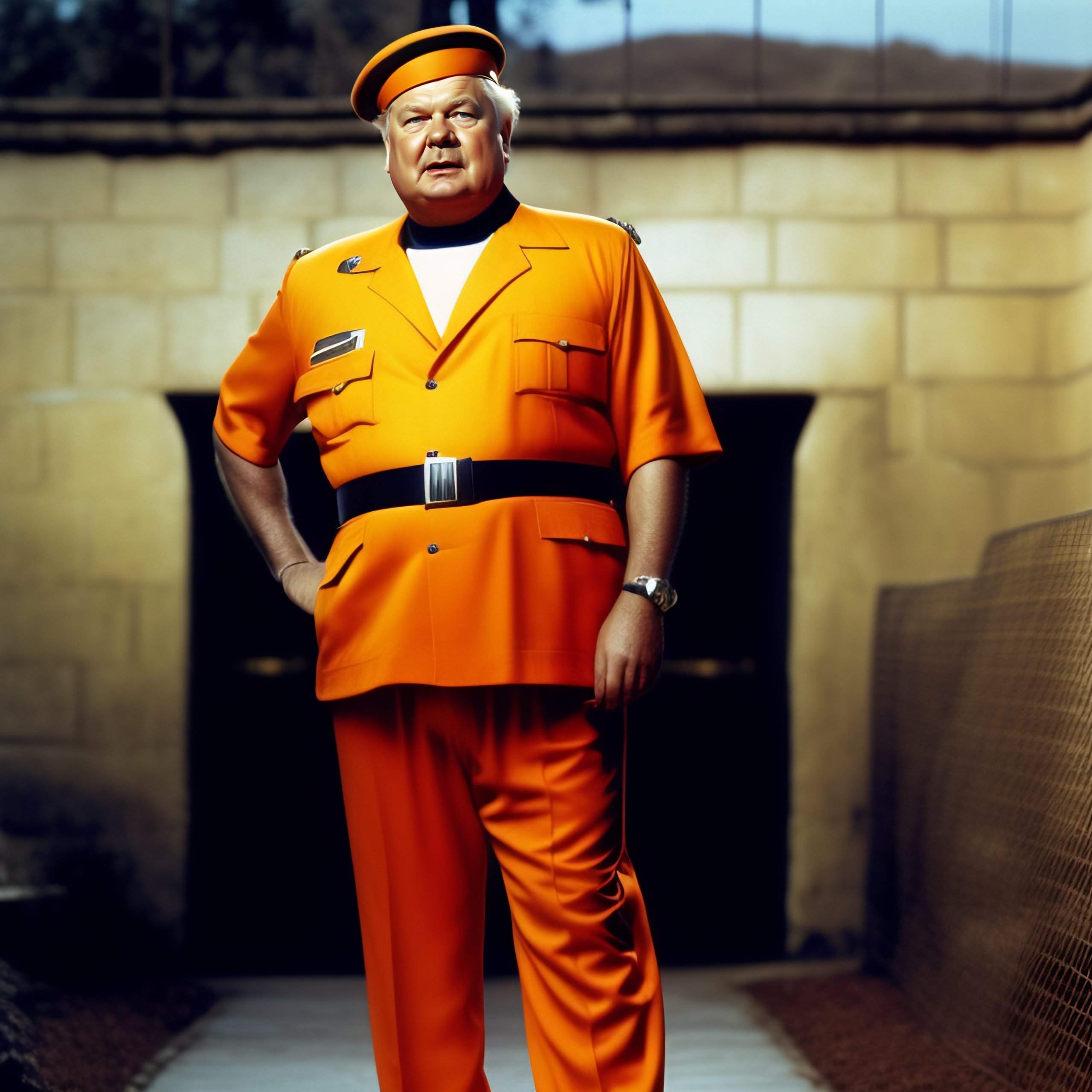 Lexica - Benny hill in orange jail jumpsuit in prison courtyard