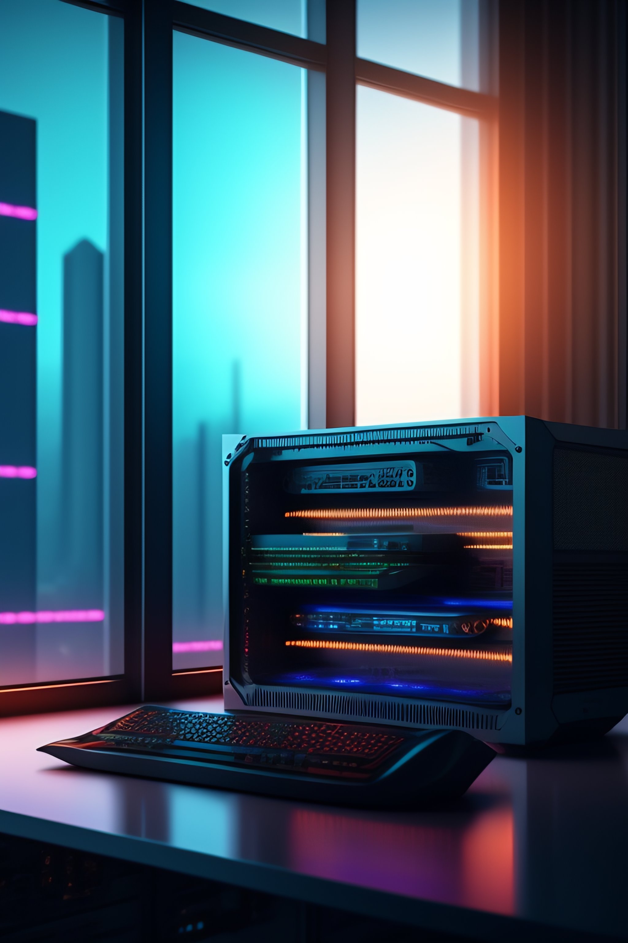 Lexica - Computer in cyberpunk style, transparent side glass, against ...