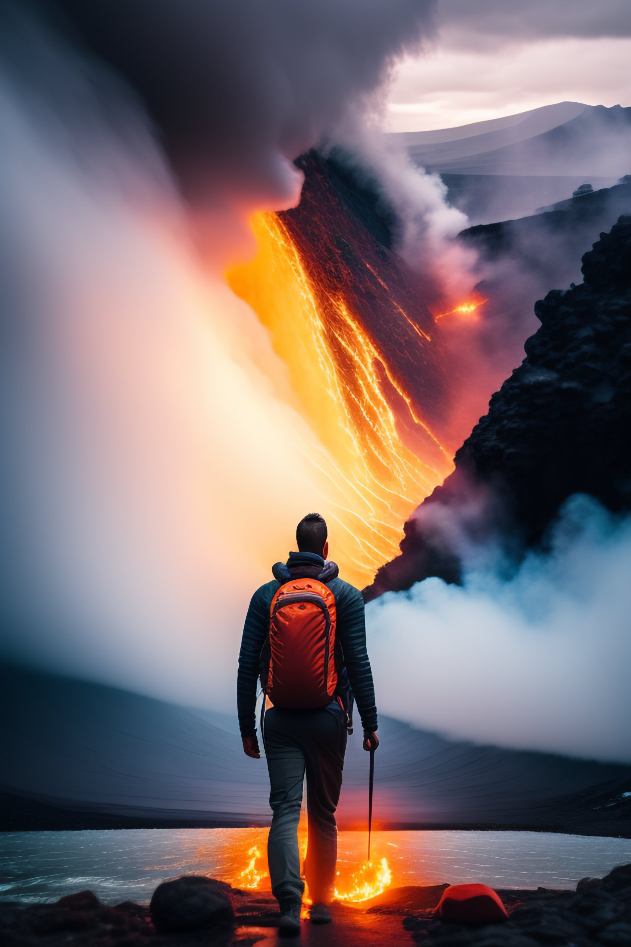 Lexica - Man seen from behind with a backpack ready to cross a river of ...