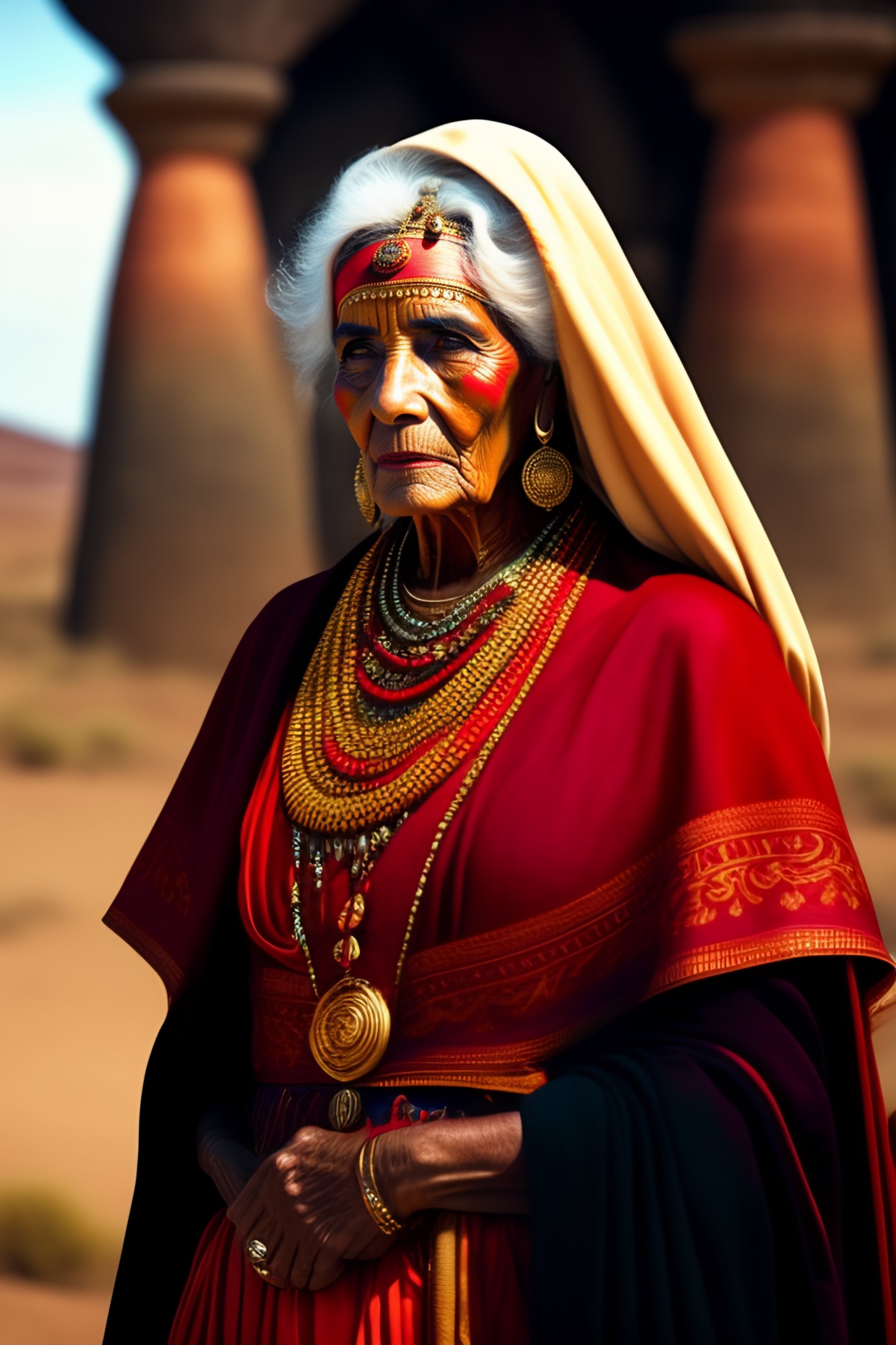 Lexica - Guanche old woman, red and gold clothes, poor