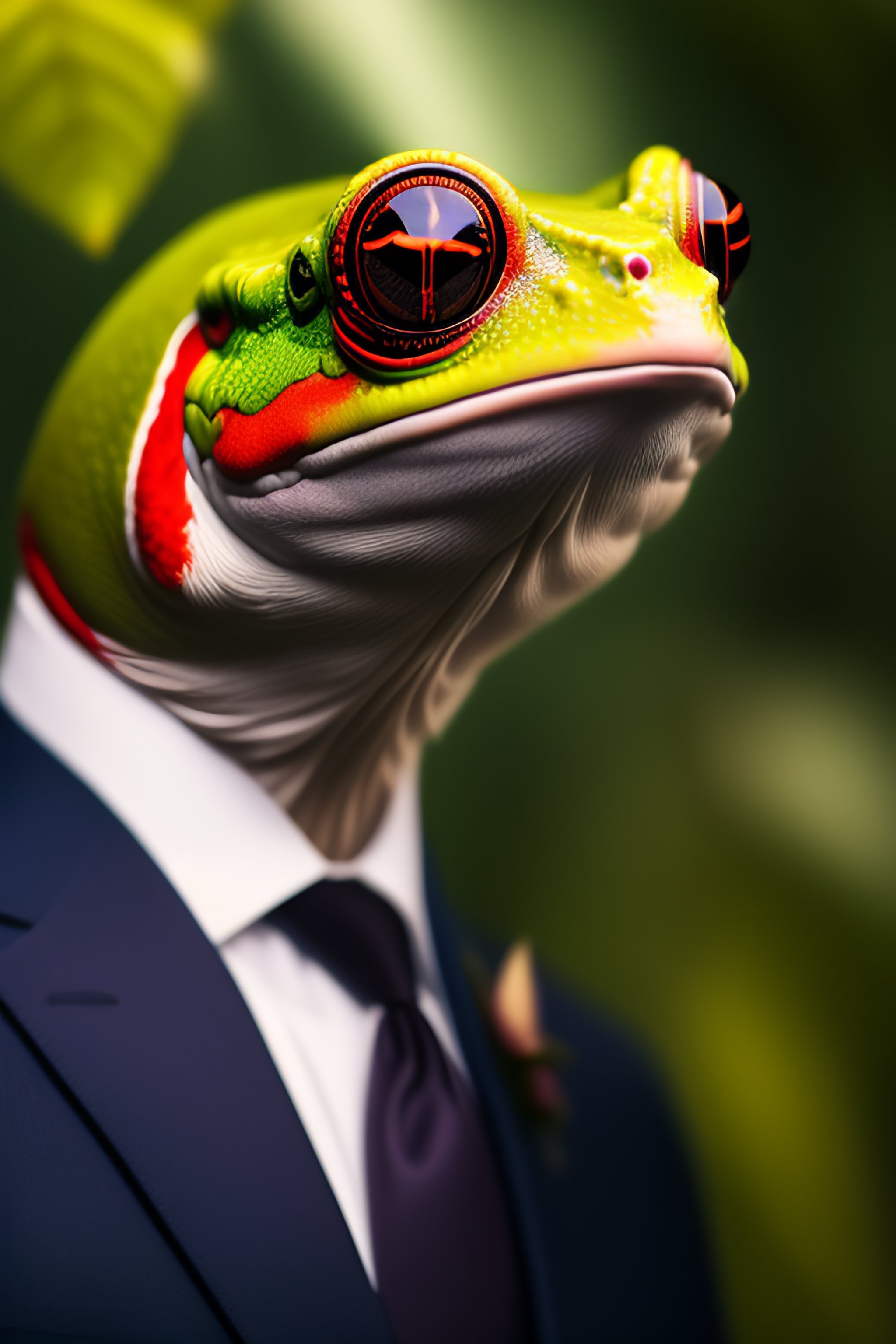 Lexica - A red eyed tree frog head wearing a suit holding a silencer