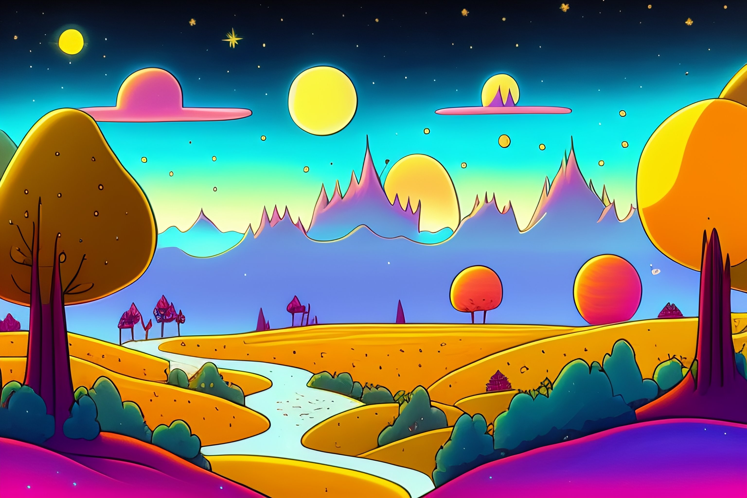 Lexica - A drawing of a dreamlike landscape with strange trees and ...