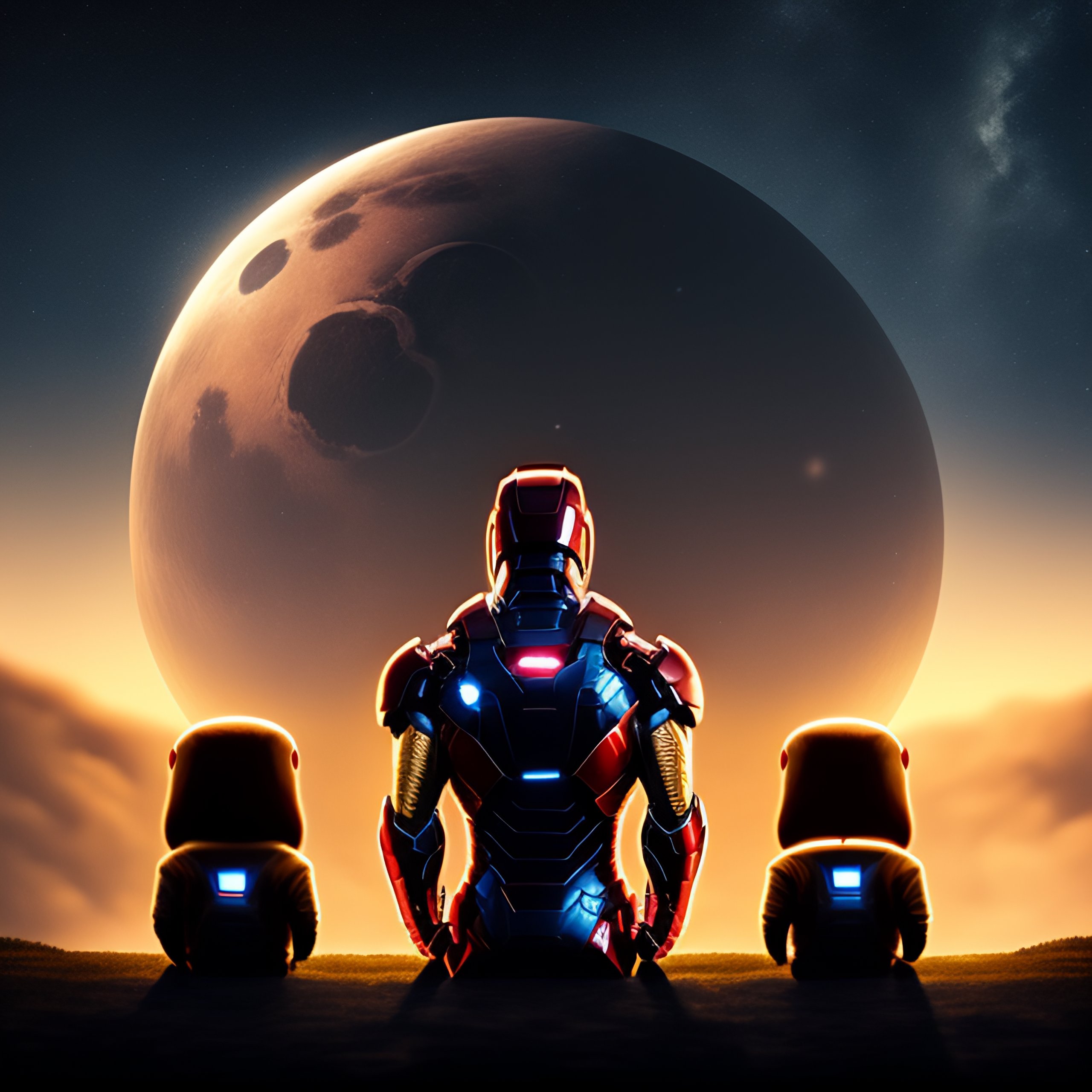 Lexica - Portrait of iron man howling at the moon with minions watching him