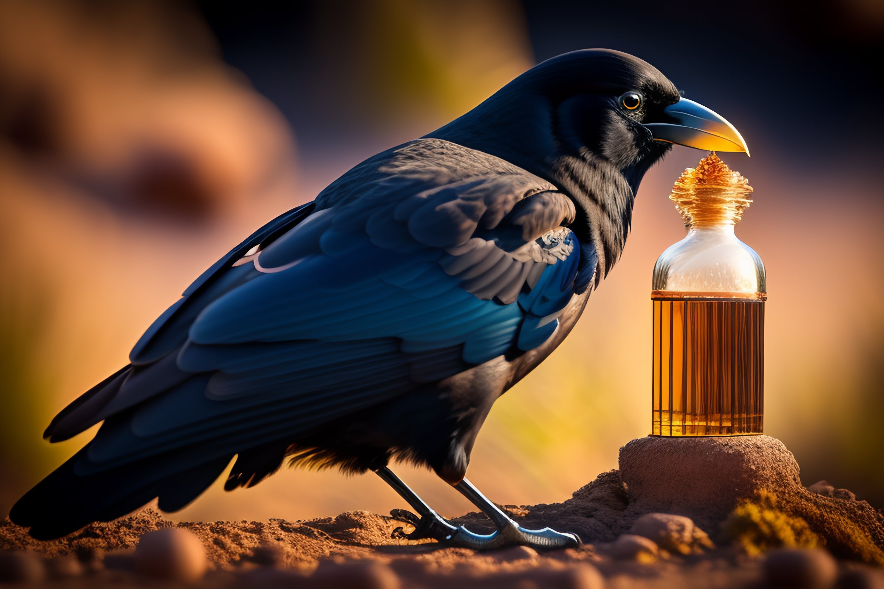 Lexica - Crow drinking a falling bottle water, desert, high detail ...