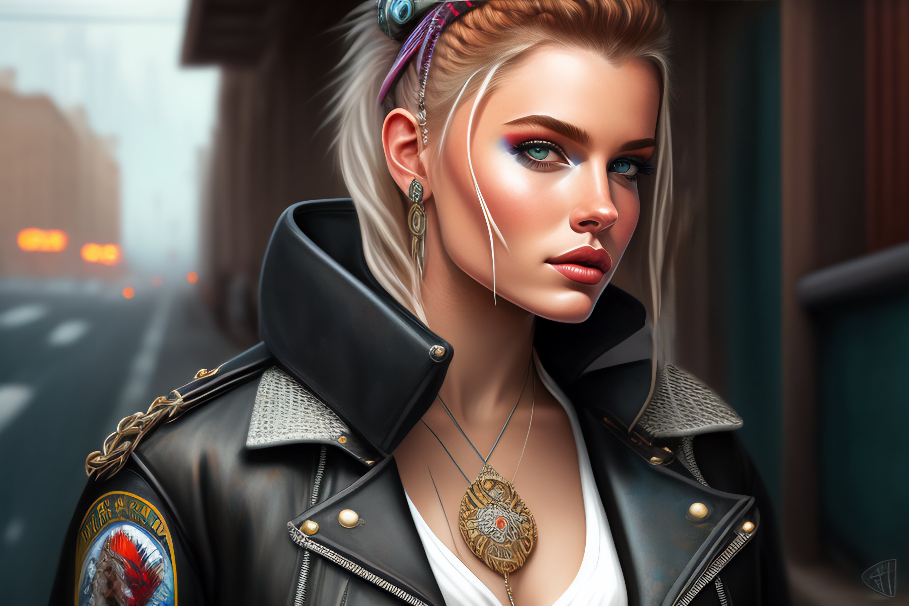 Lexica - Cute punk rock girl, mad max jacket, renaissance, cables on ...