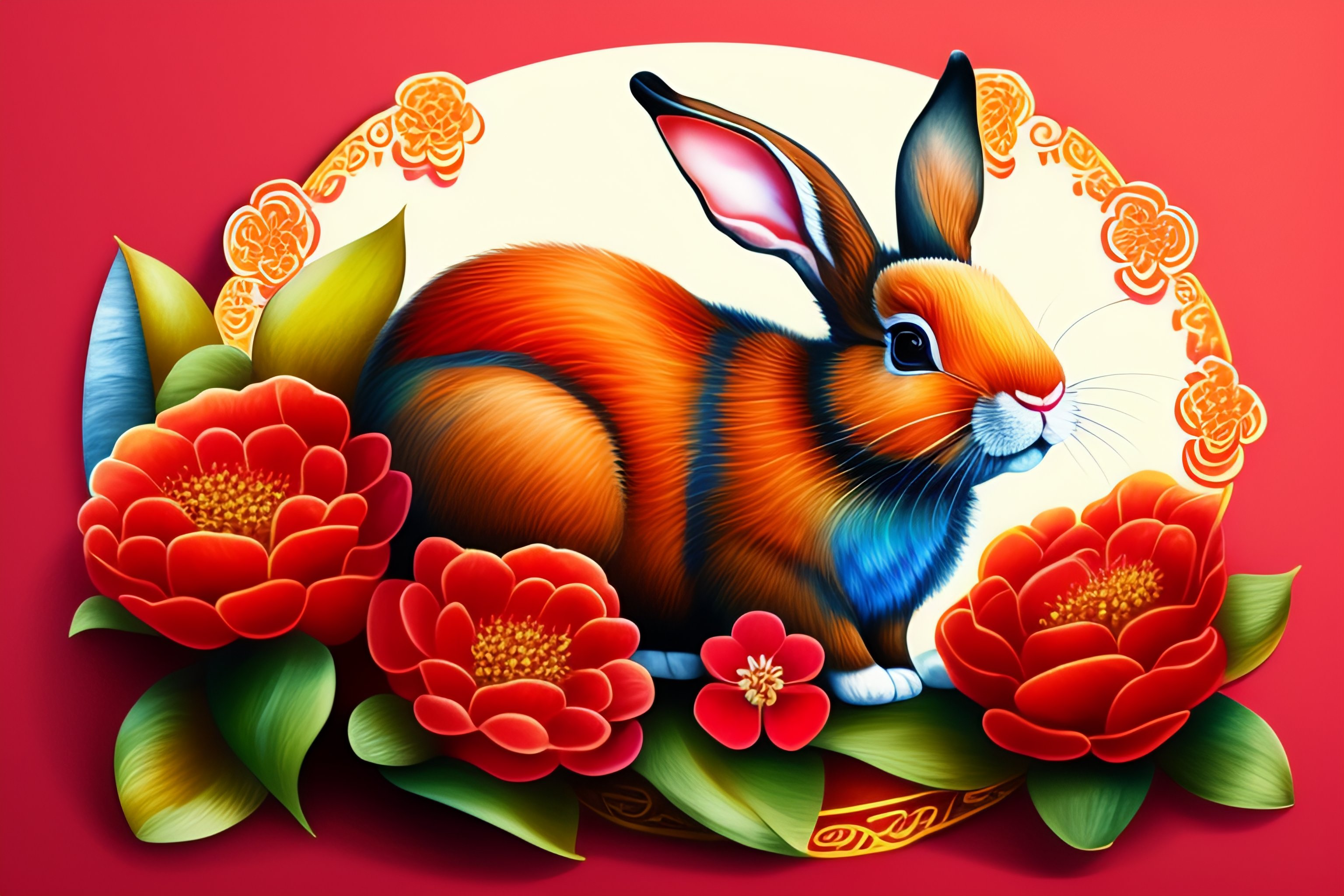 Lexica - Chinese new year rabbit zodiac and flowers, on a red flat ...
