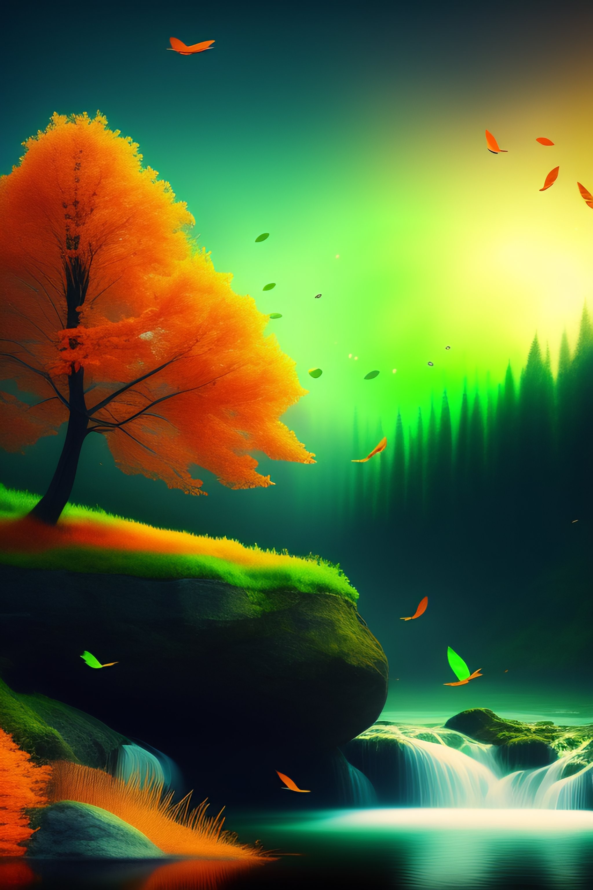 Lexica - Tree with orange and green and yellow leaf , under water fall ...