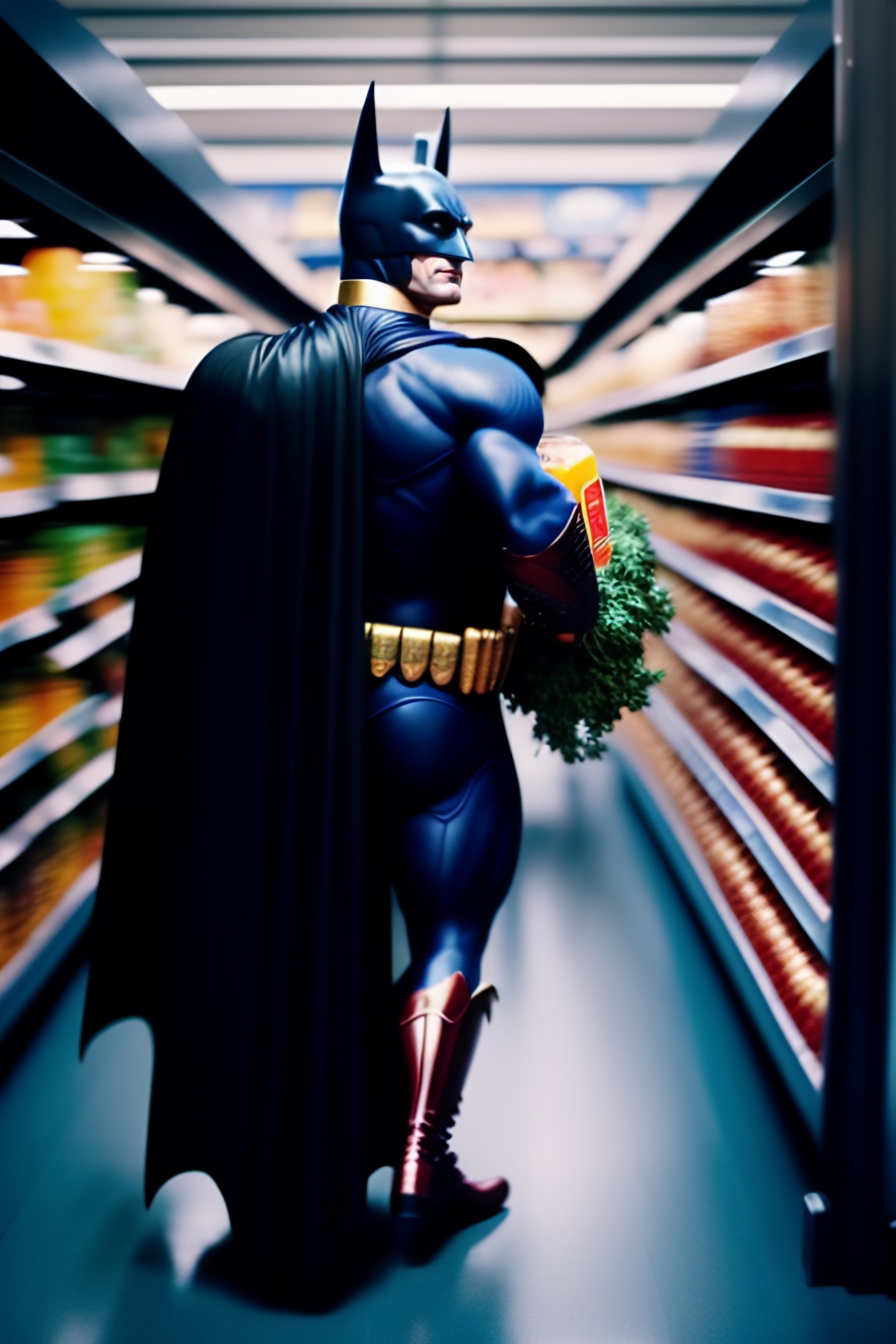 Lexica - Screen shot of classic blue Batman pushing a shopping cart in a grocery store
