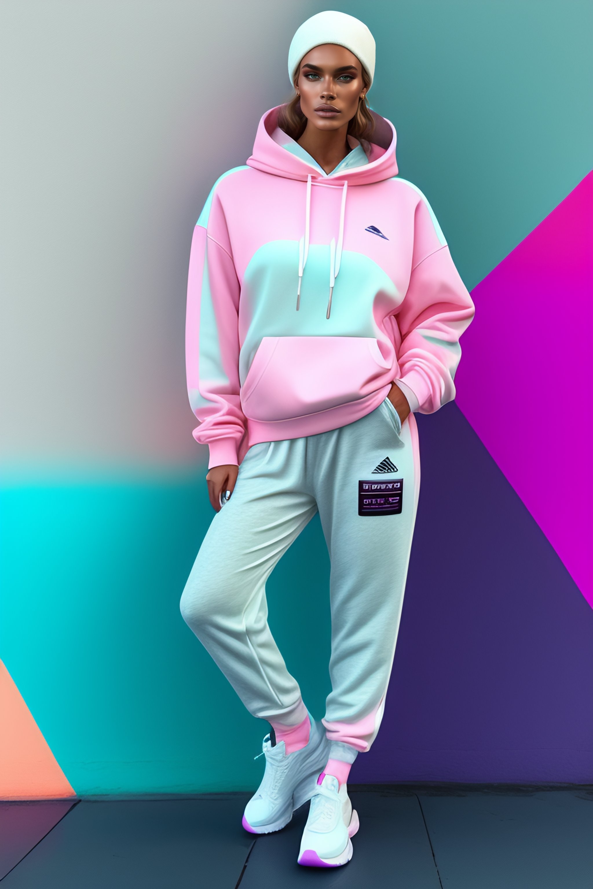 Lexica - White woman fashion model wearing a pastel colors hoodie and ...