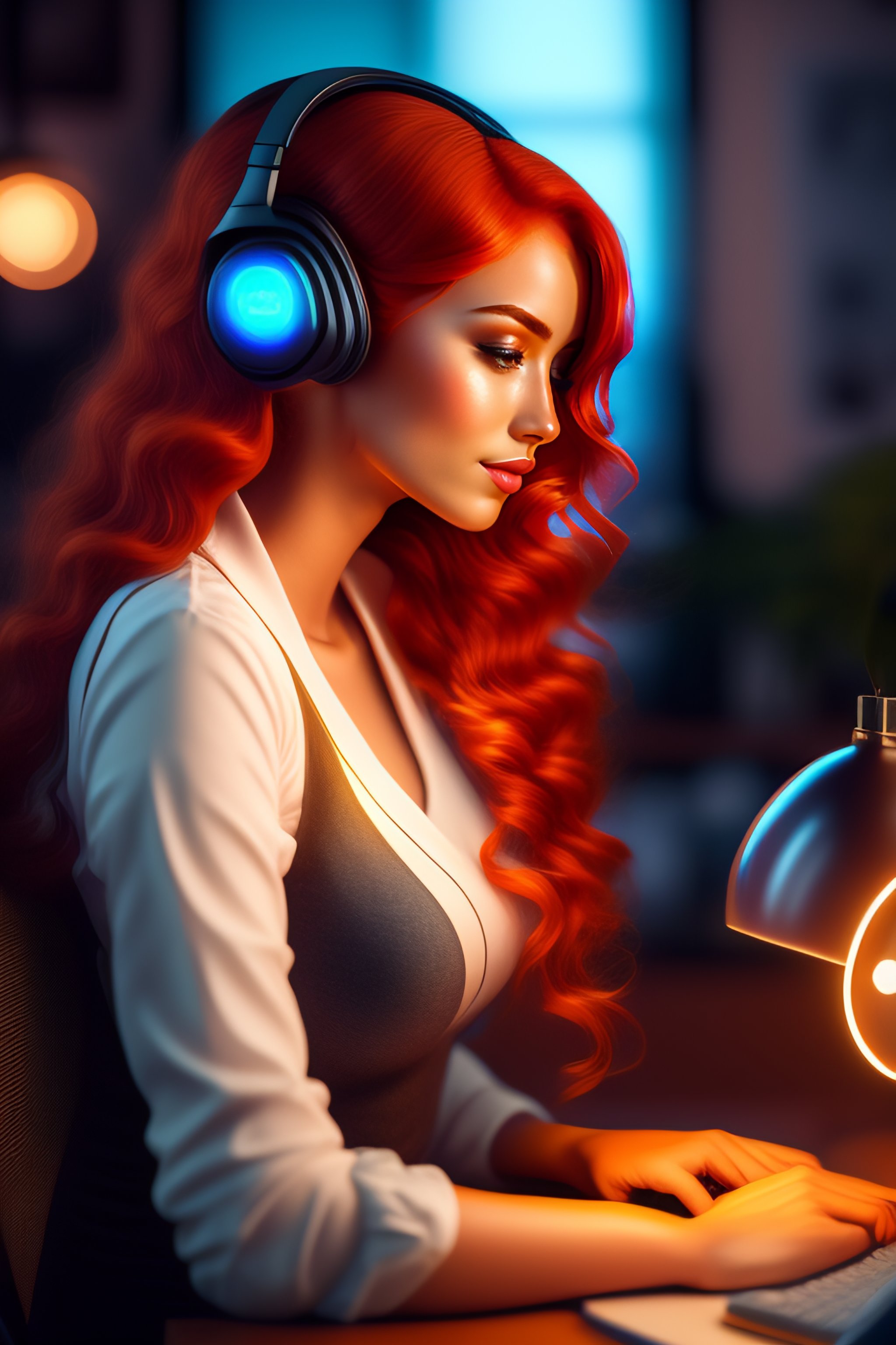 Lexica - Photo of cute young redhead brown skinned woman gaming at her ...