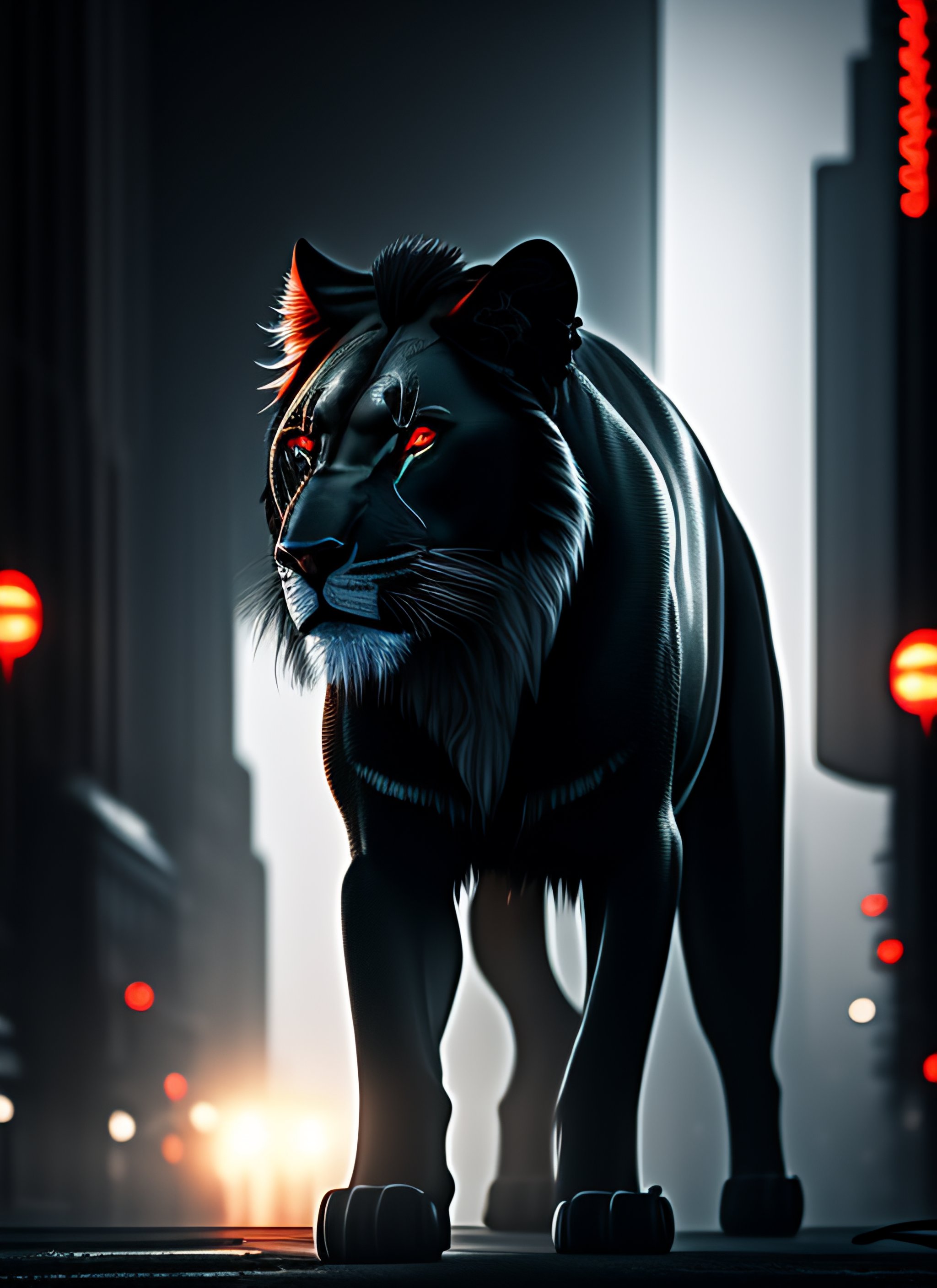 Lexica - Black lion humanoid, red lights, metropolis, cyber punk ...