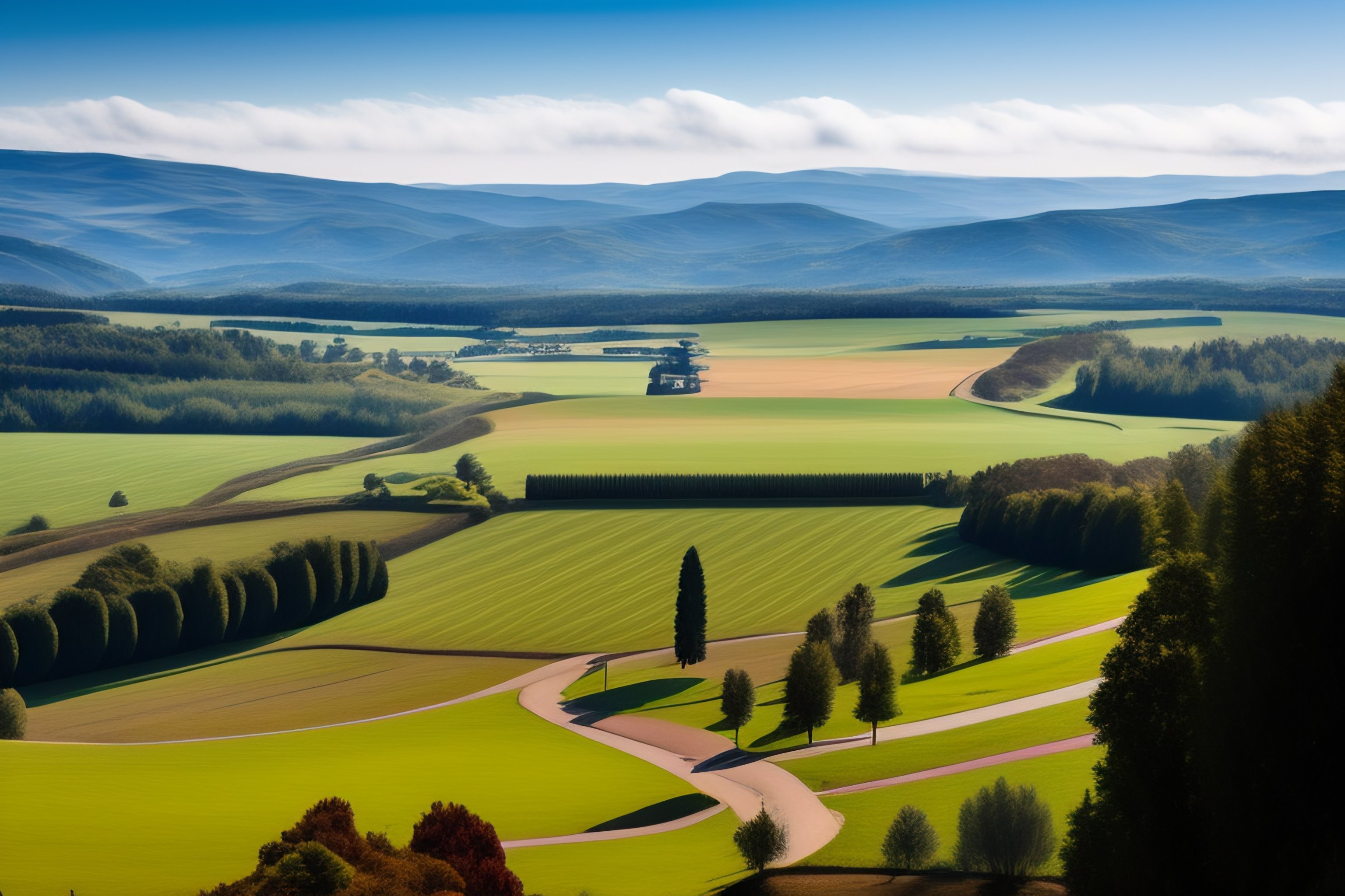 Lexica - Landshape with linear road and little town in background