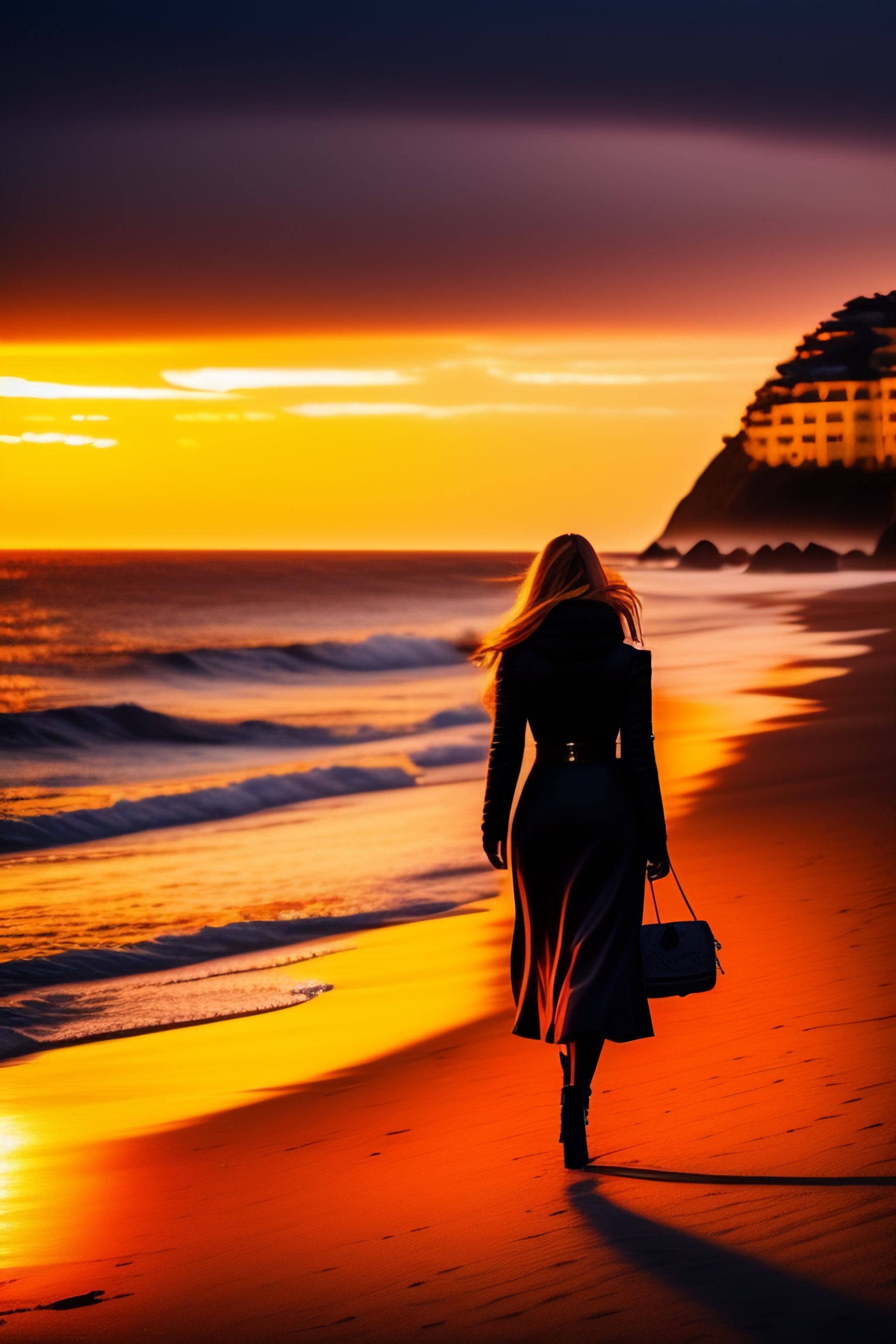Lexica - Beautiful woman walking at sunset along the beach of the city ...