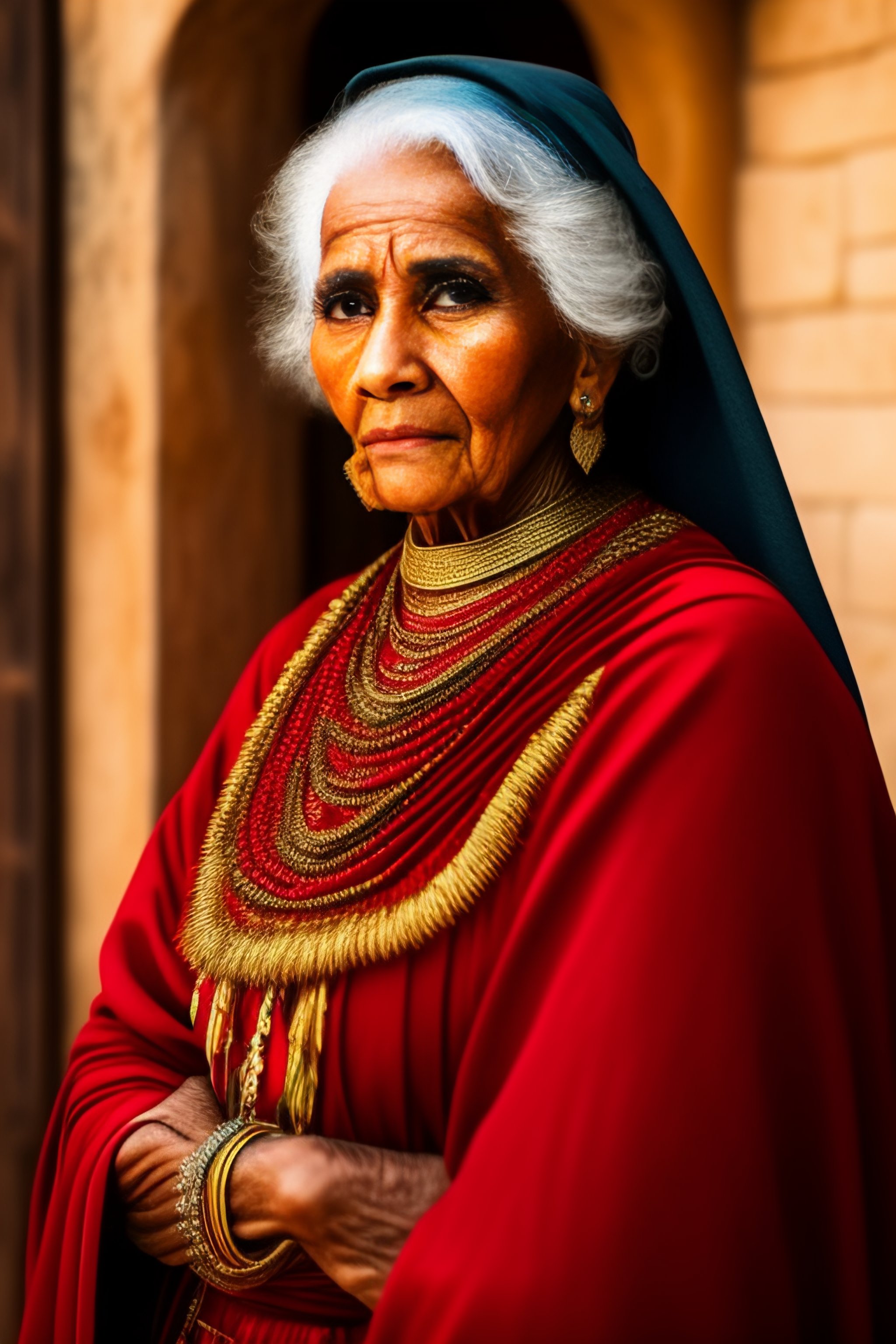Lexica - Guanche old woman, red and gold clothes, poor