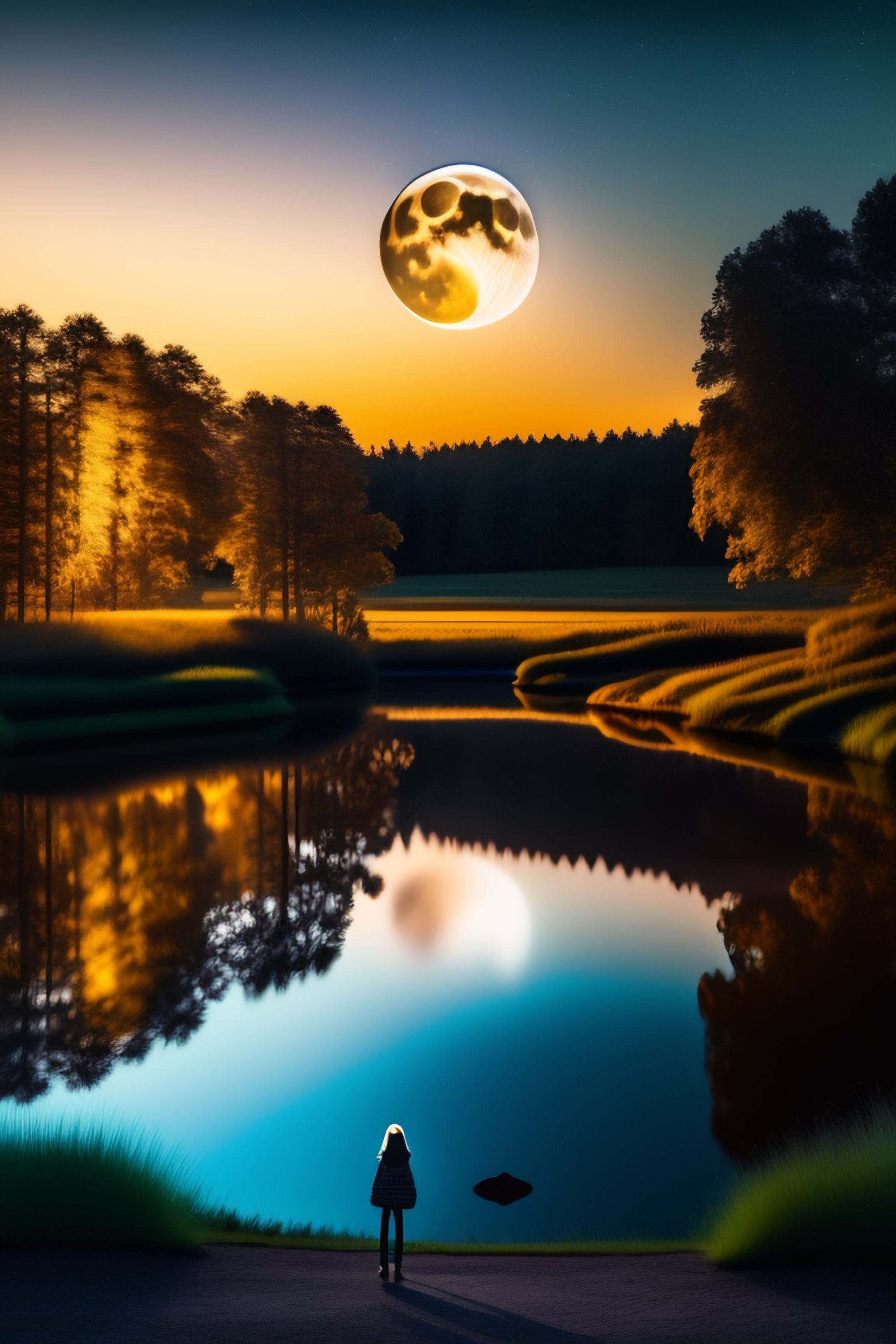 Lexica - Plains, night, moon, small circular pond, reflection of moon ...