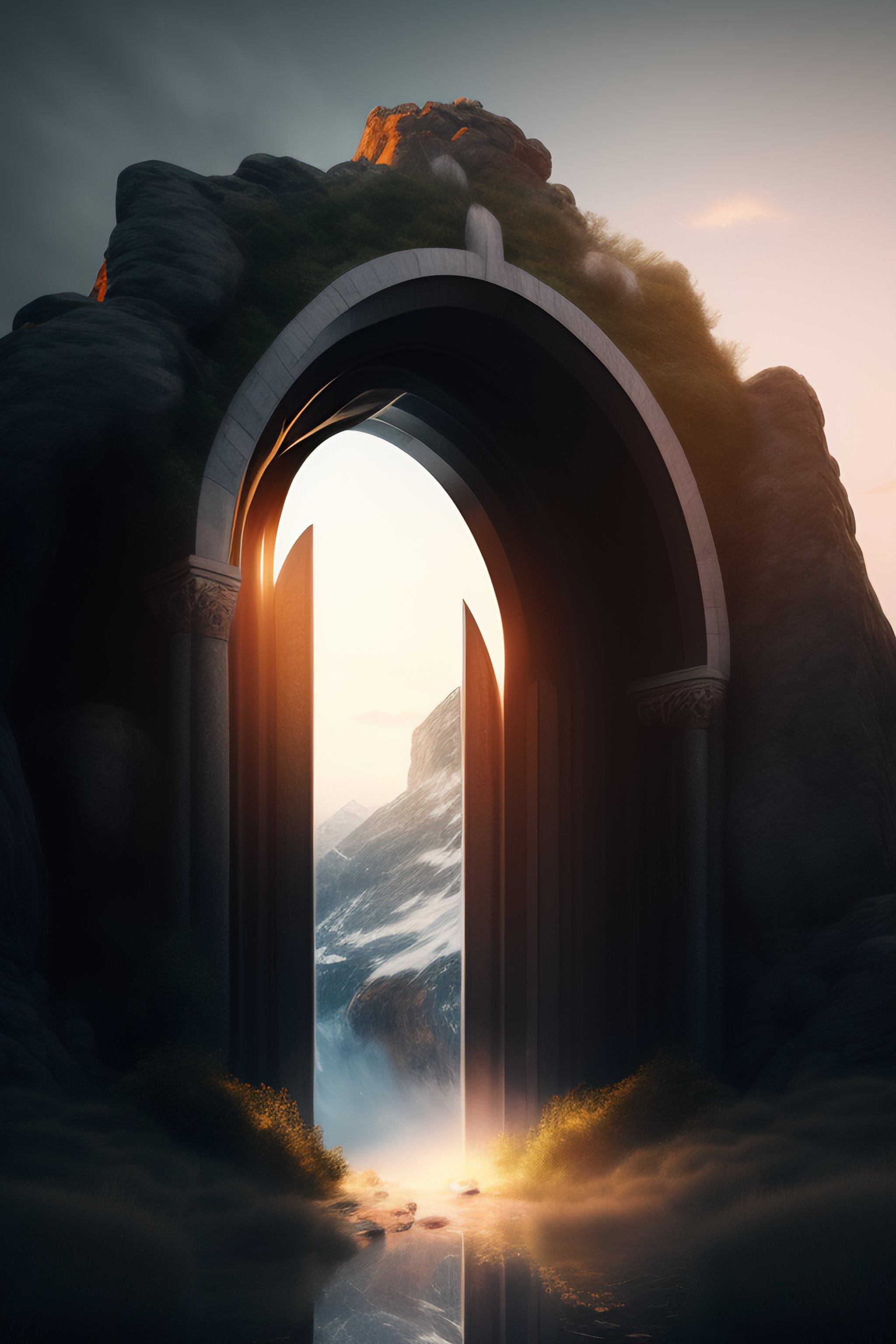 Lexica - Ancient and magical, big white portal, black background ...