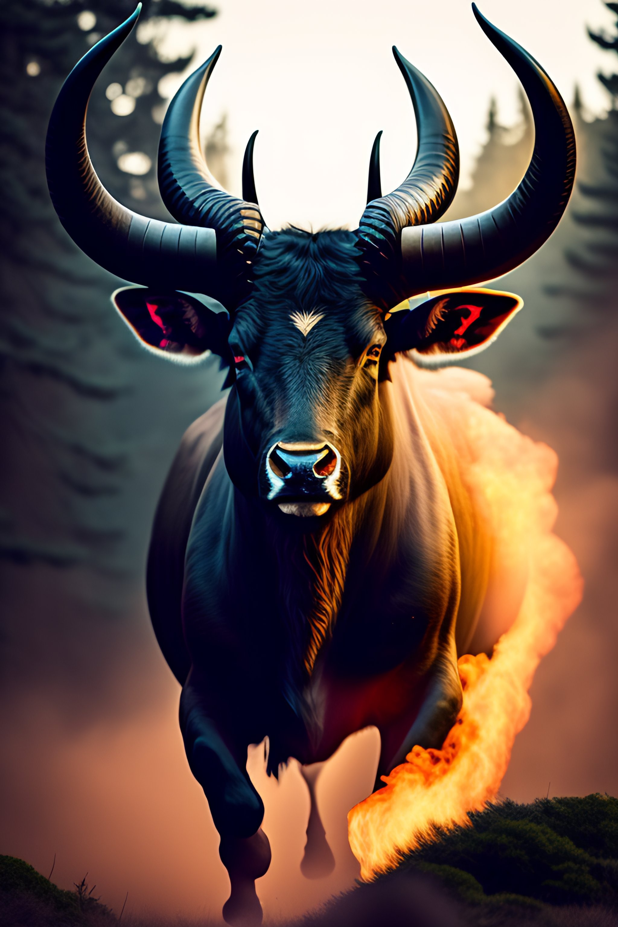 Lexica - Devil with bull big horns in armor fire in forest