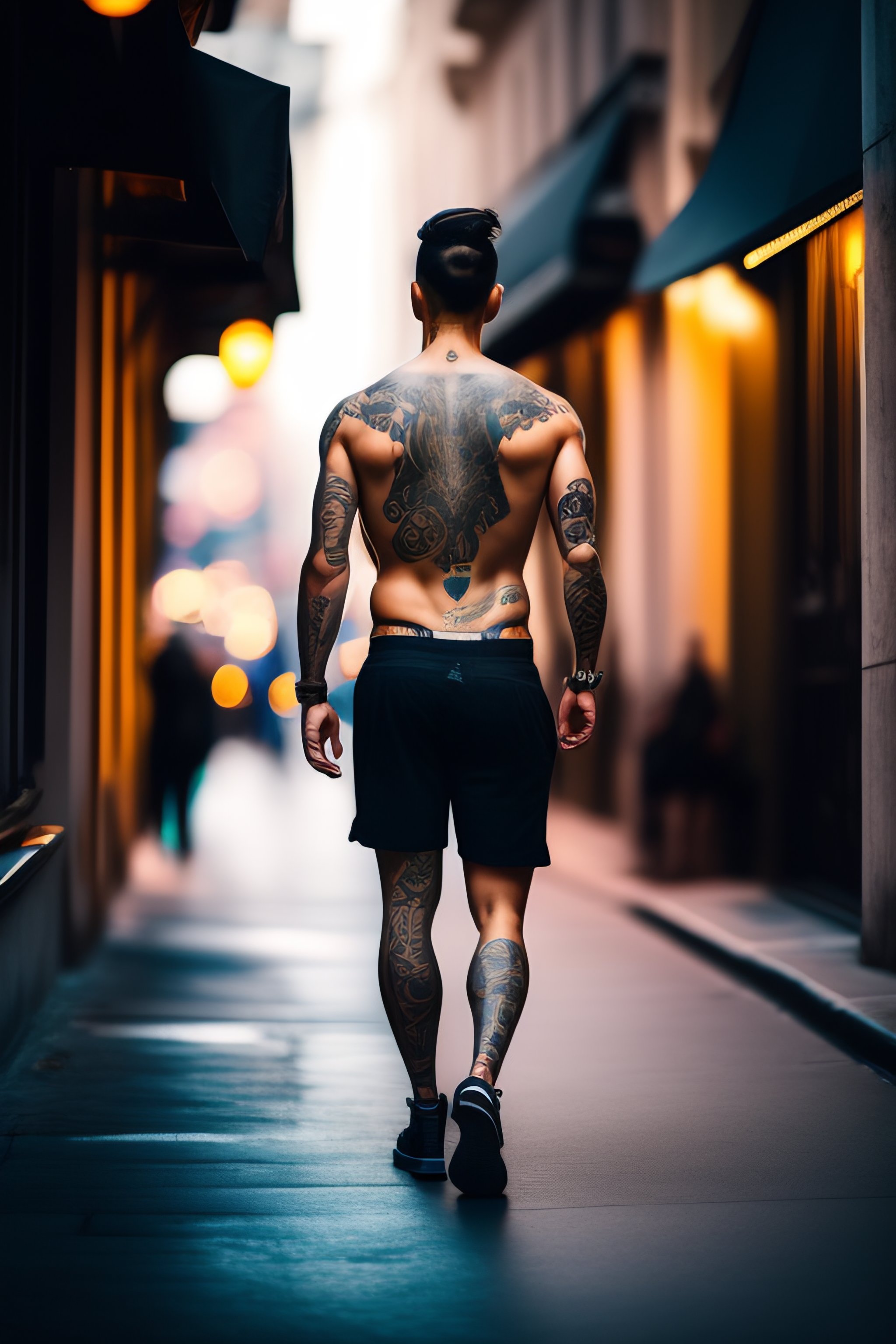 Lexica - Modern person tattooed full body photography lighting street urban