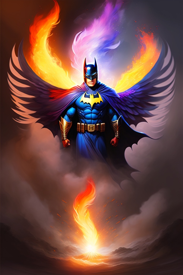 Lexica - Draw a batman with vibrant, glowing feathers, rising from the ...