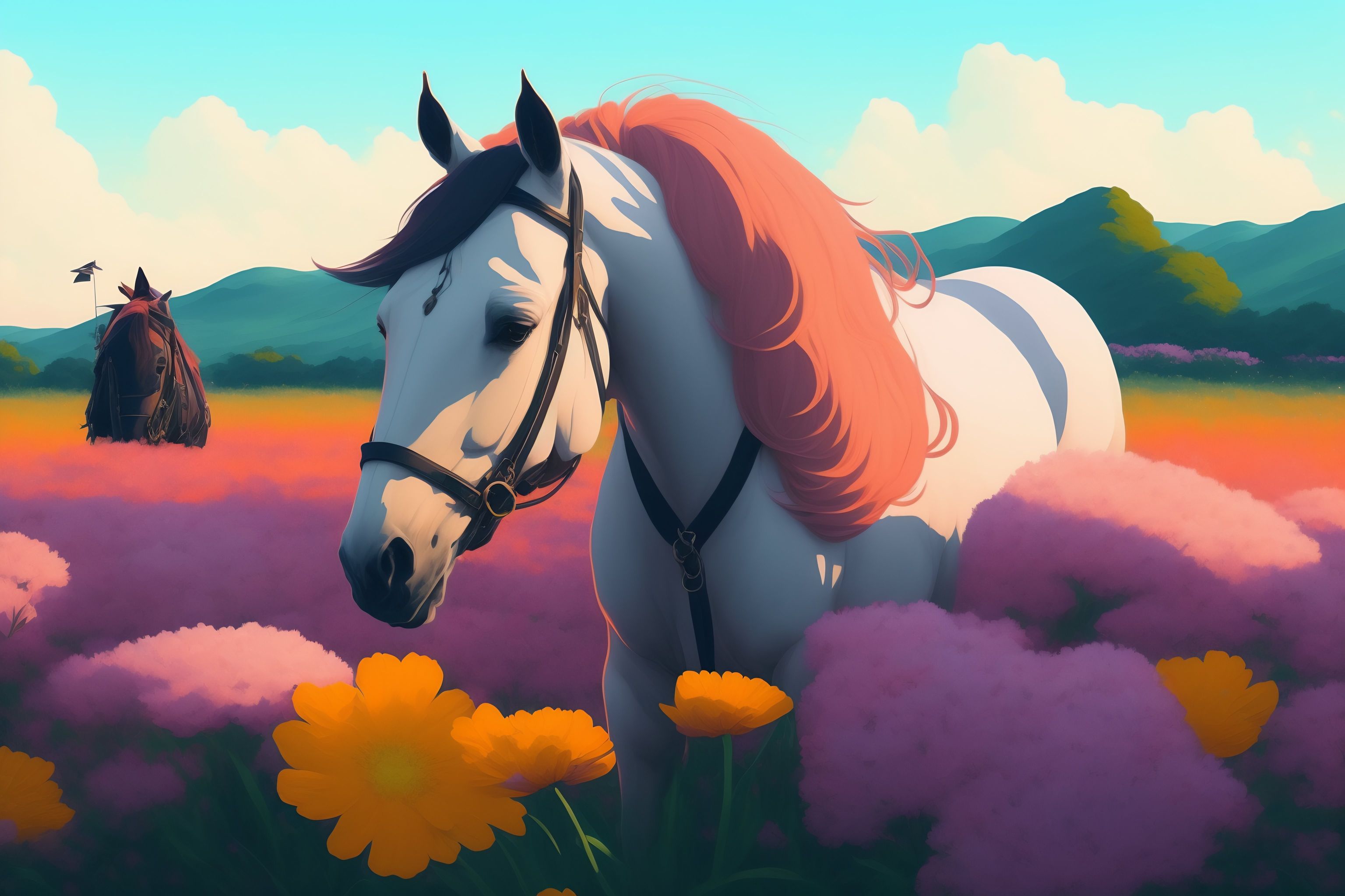 Lexica - A horse frolicing in a field of flowers, style of laurie ...