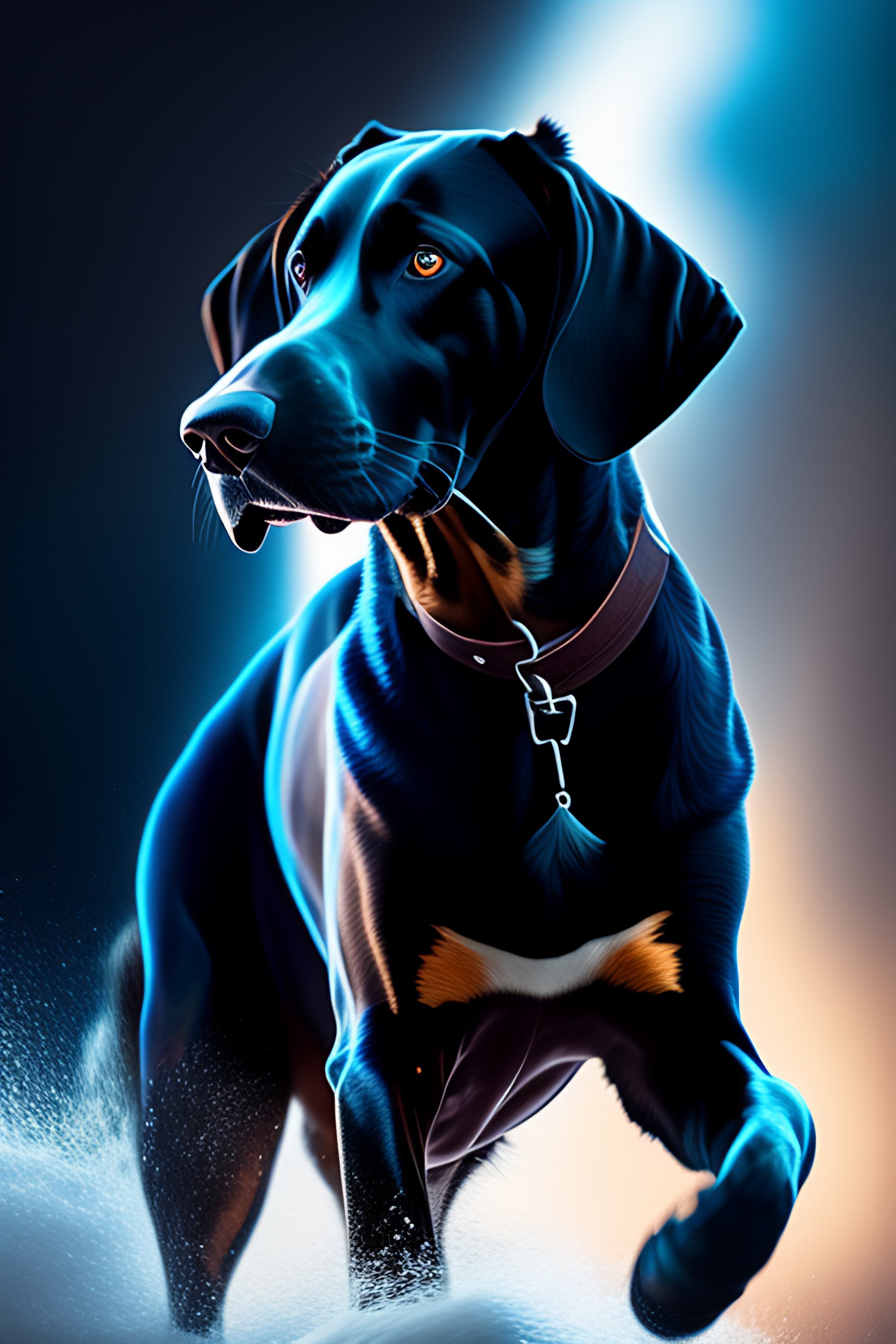 Lexica - Cinematic portrait of cute black labradane riding large blue ...