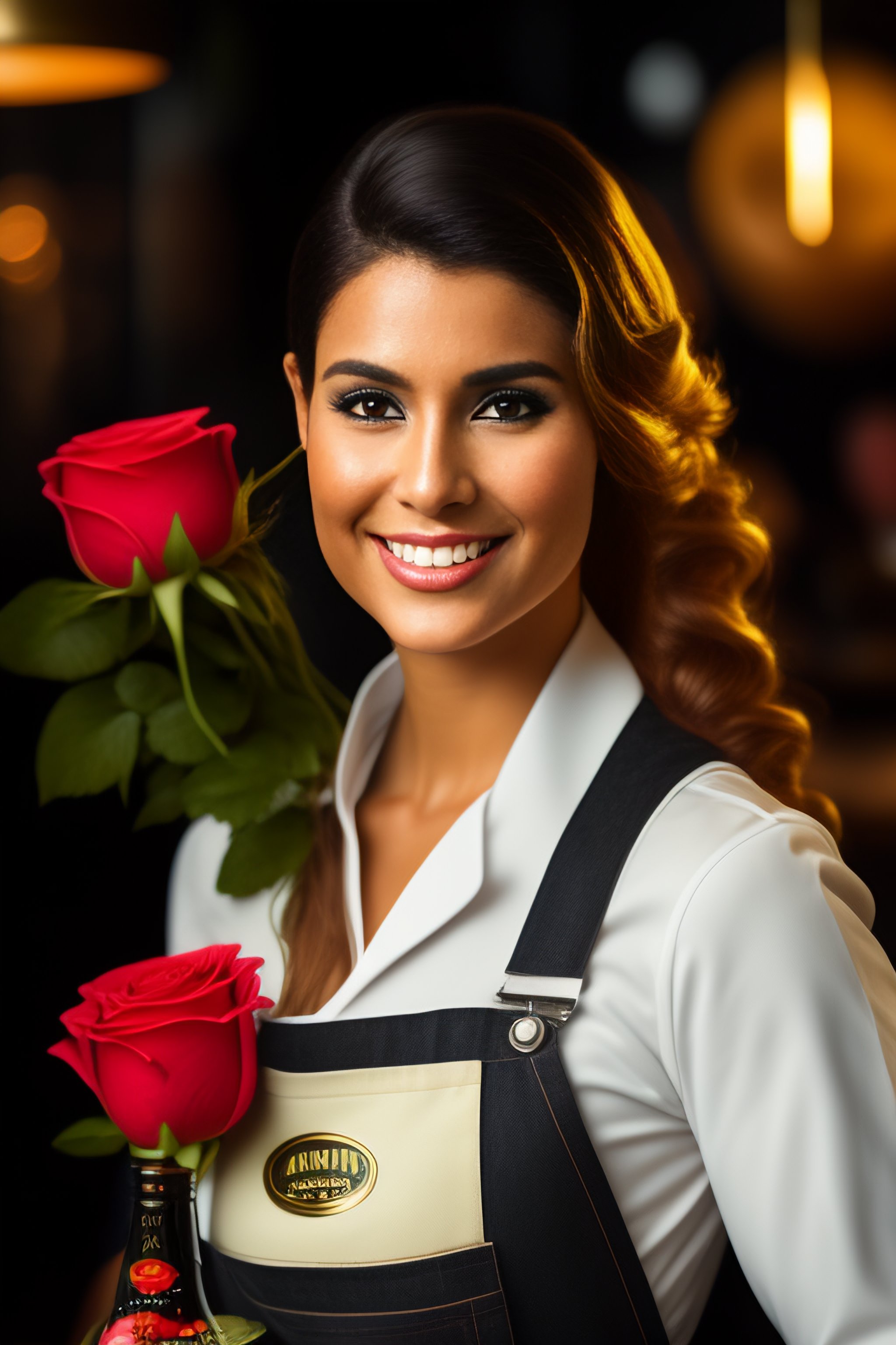 Lexica - Portrait of a young woman waitress wearing black overalls ...