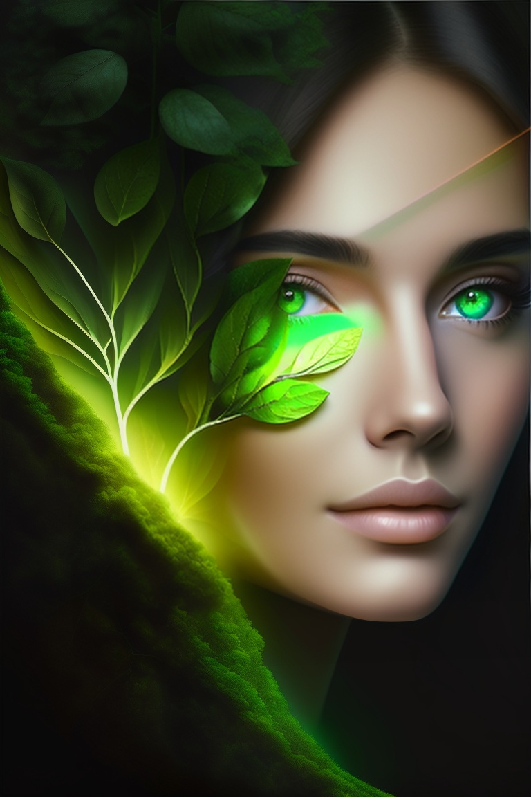 Lexica - A women face in center of tree ,glowing green eyes, dark green ...