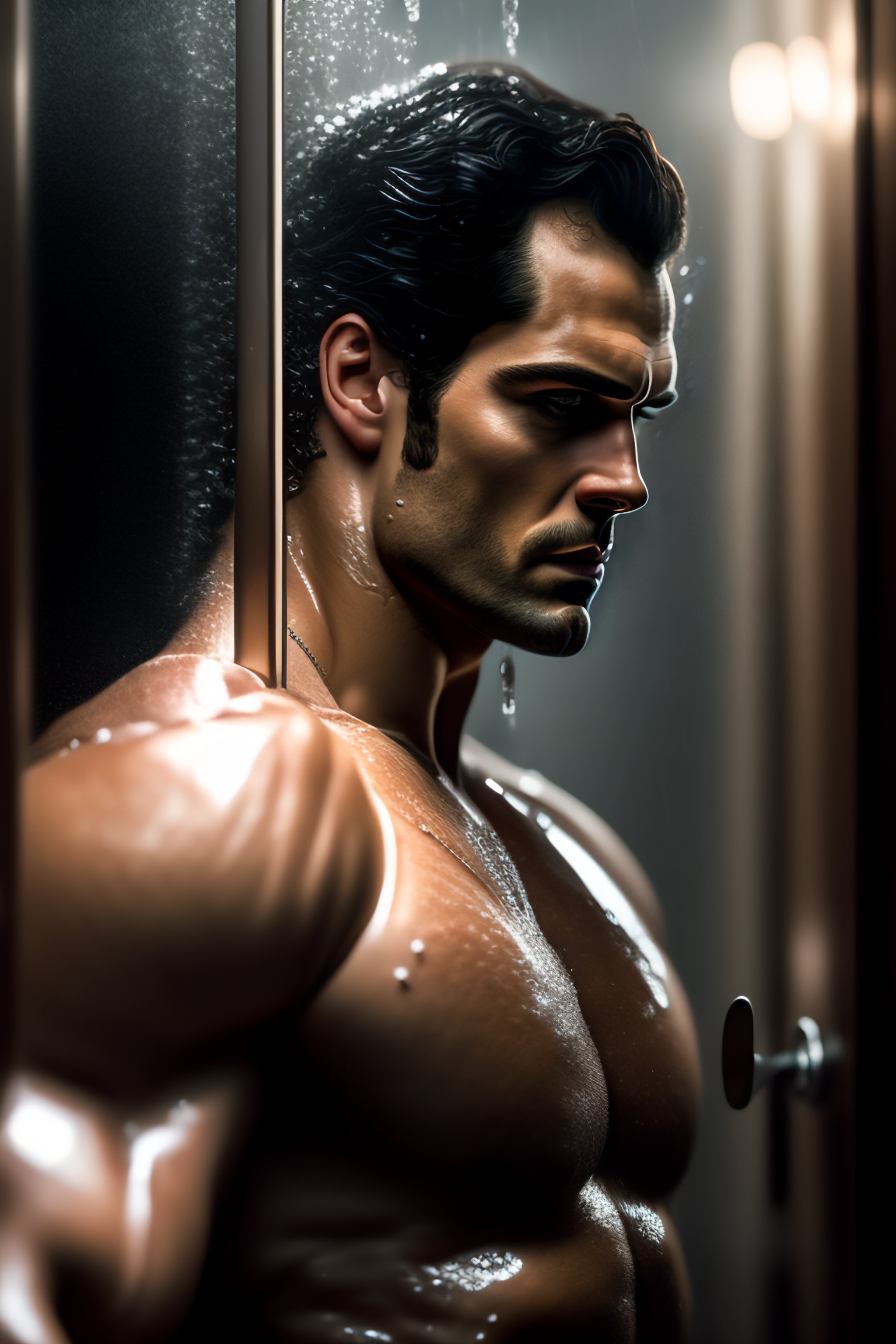 Lexica - Realistic portrait of henry cavill + shower, in frame, very ...
