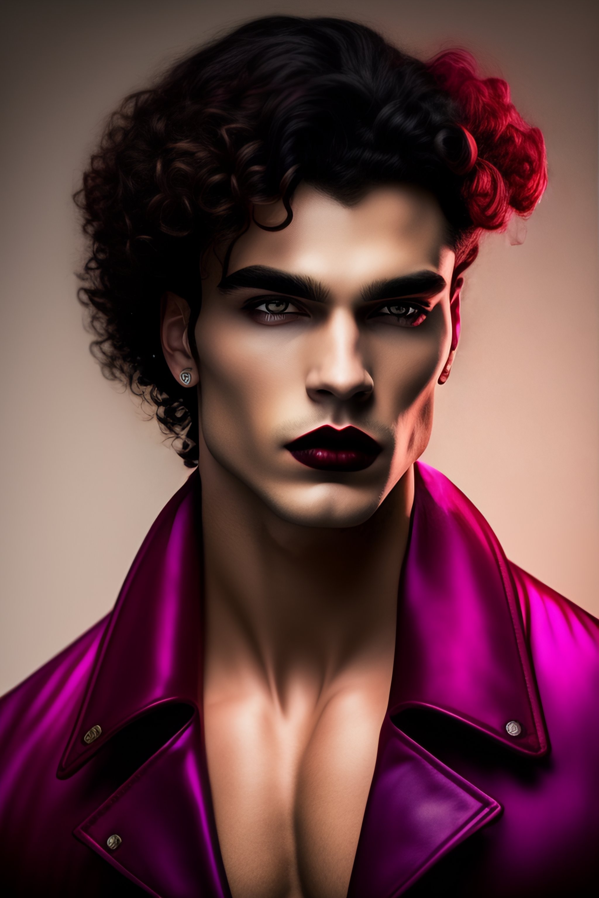 Lexica - Vampire with curly blond hair, magenta eyes, rosey lips, male