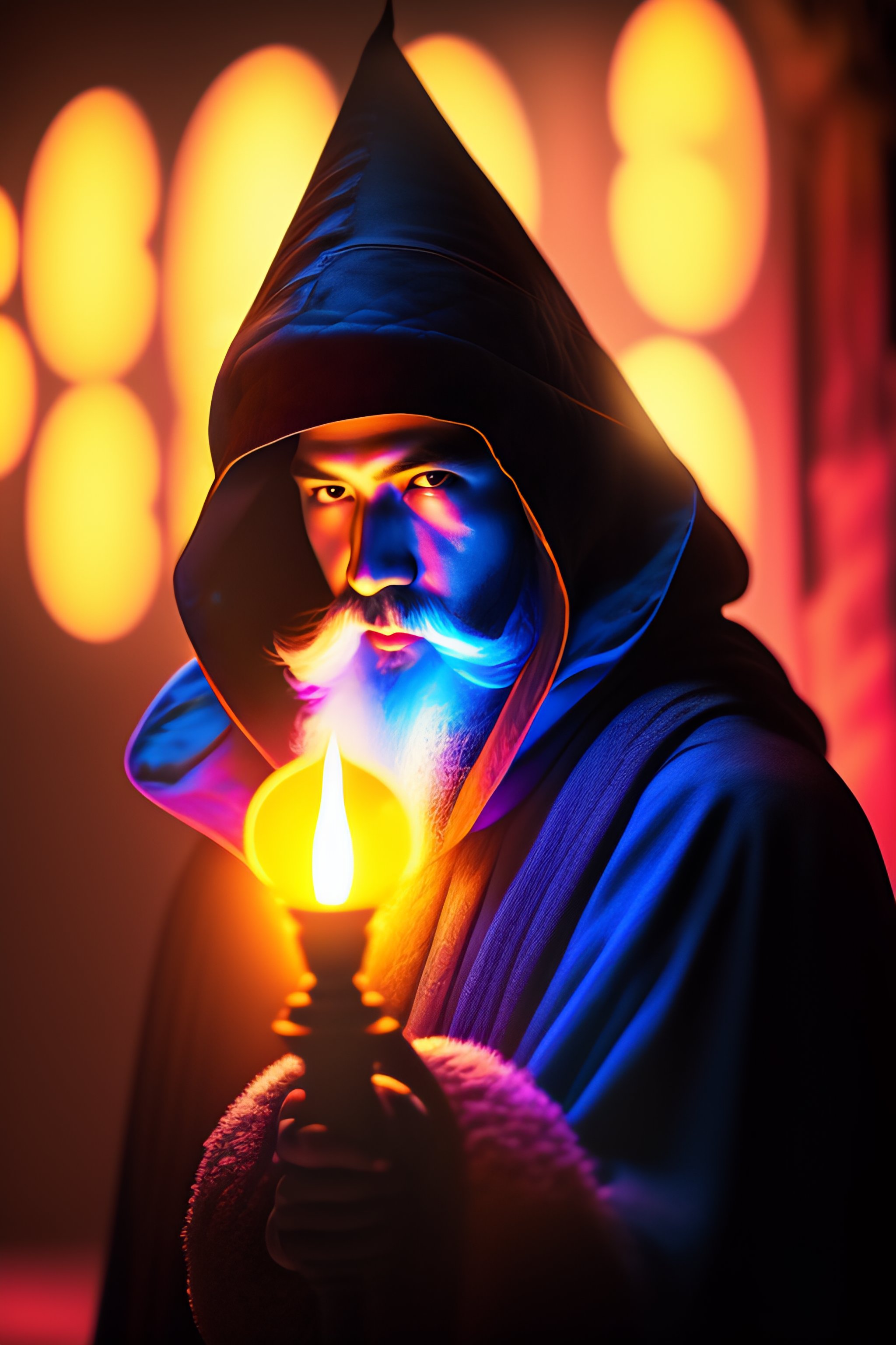 Lexica - Wizard holding a bright light in a dark room, cyberpunk