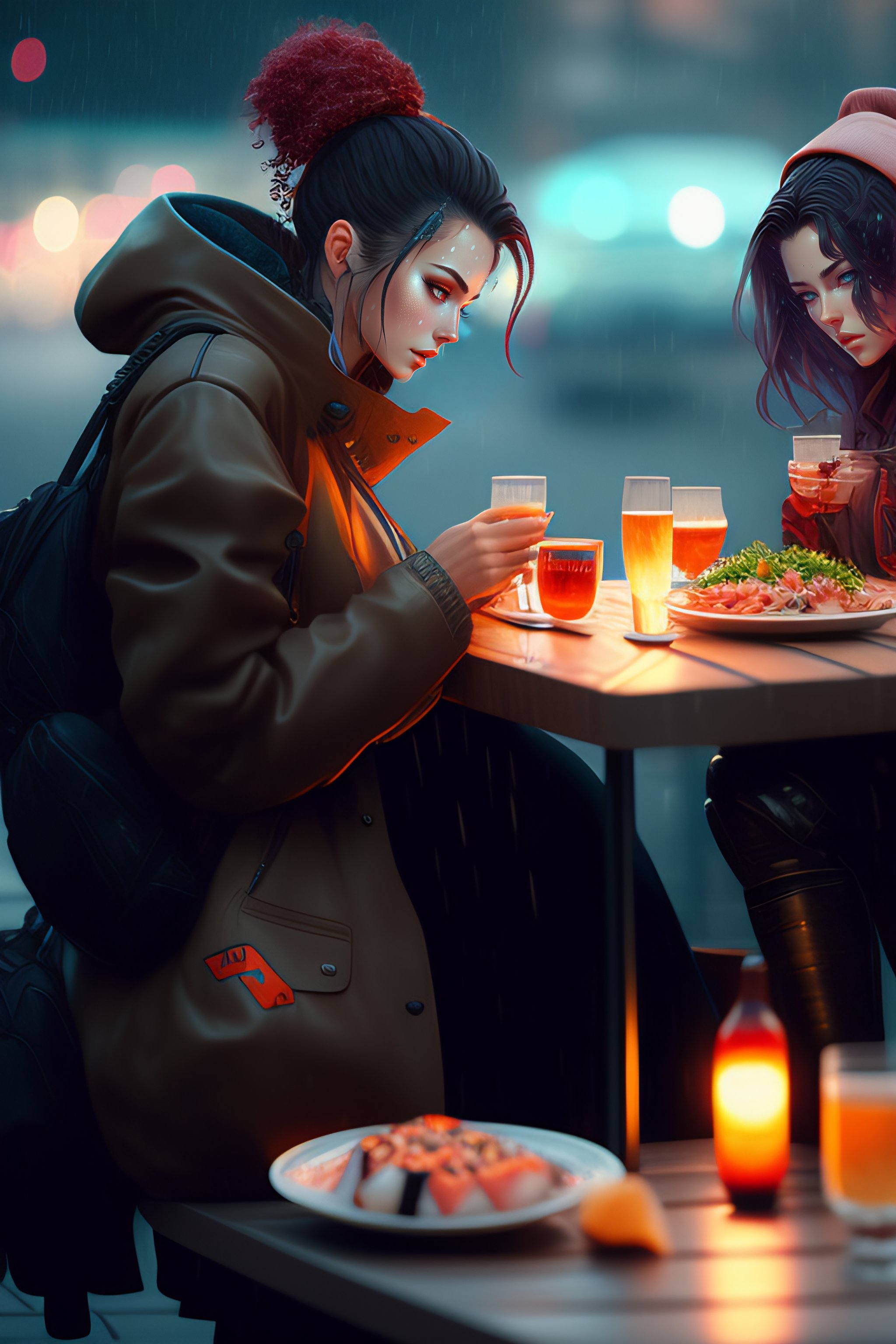 Lexica - A group of cyberpunk cyborg eating sushi on a table outside in ...