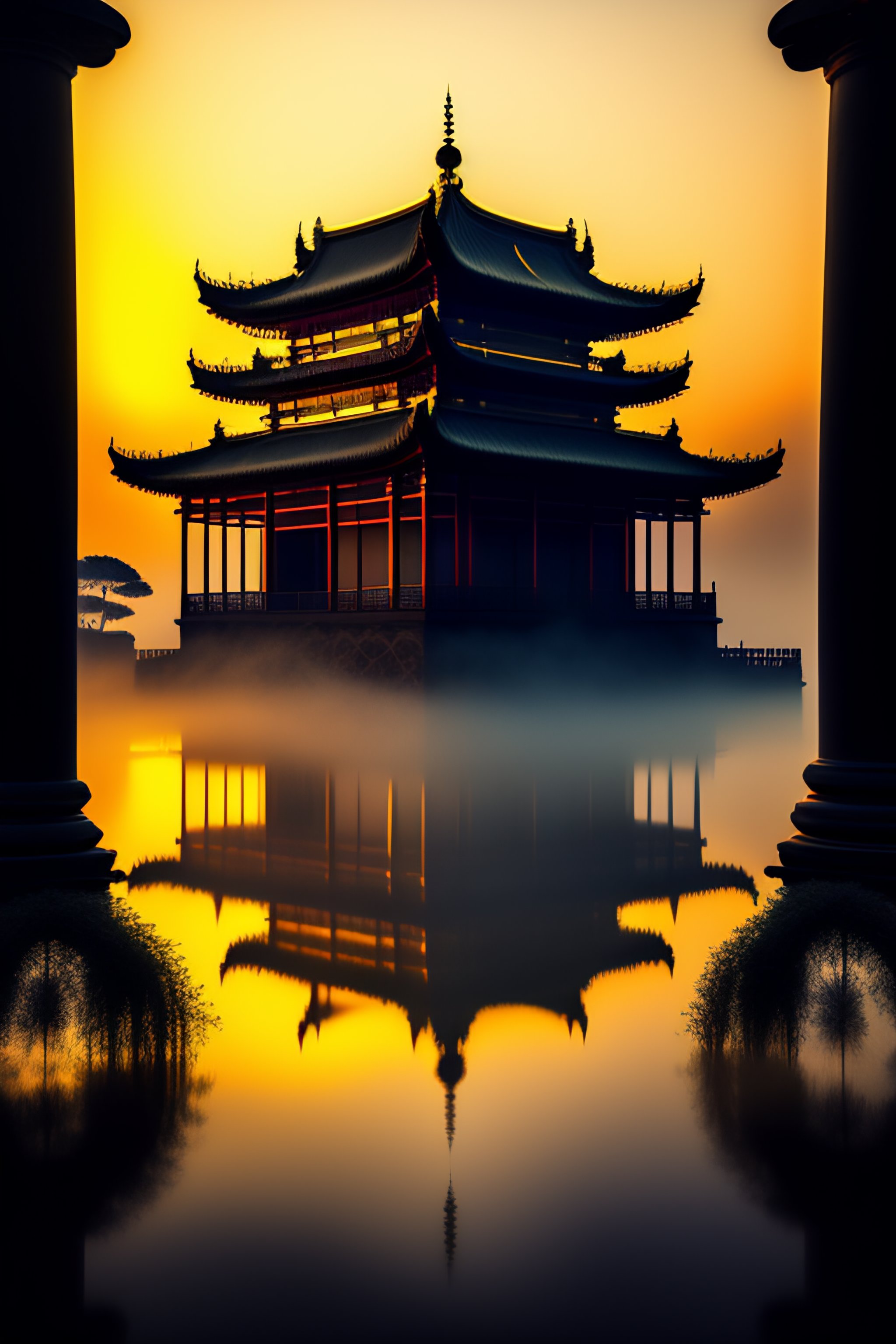 Lexica - Black and yellow sky, fog, Chinese palace, formidable big tree