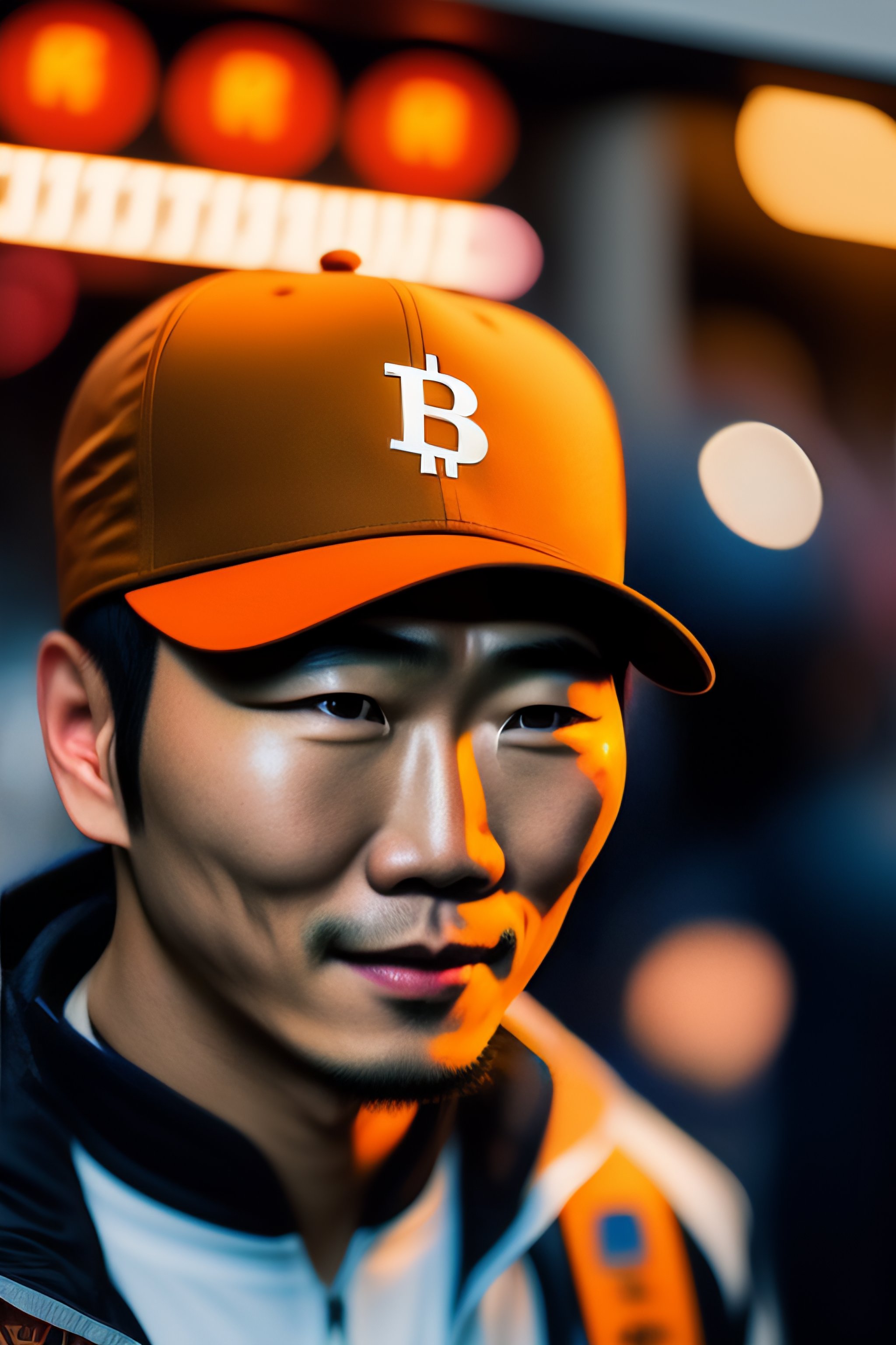 Lexica - ASIAN GUY WEARING A HAT WITH A BITCOIN LOGO ON IT IN TOKYO. IN ...