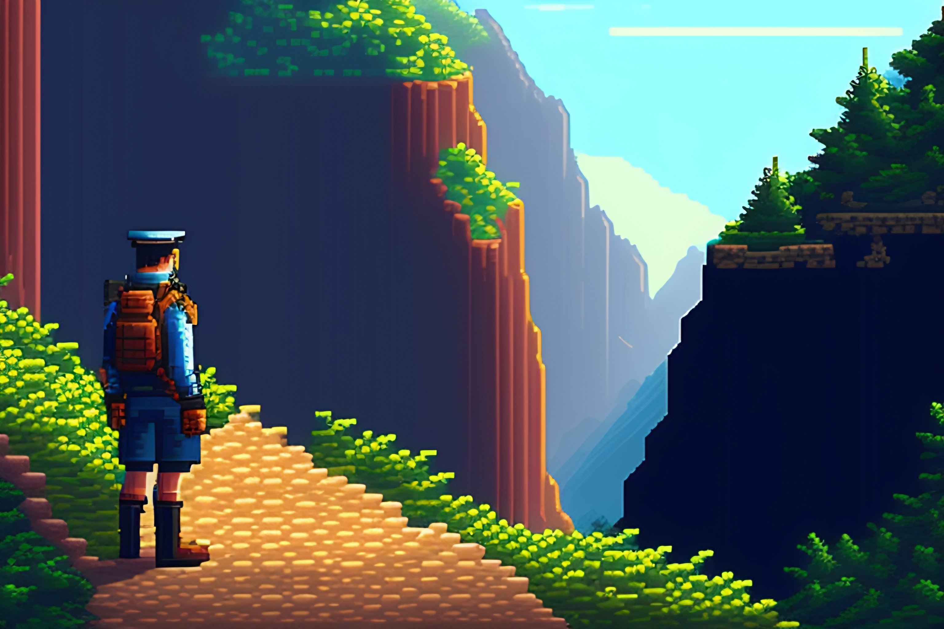 Lexica - Pixel art, lead charecter looking at the path ahed of him