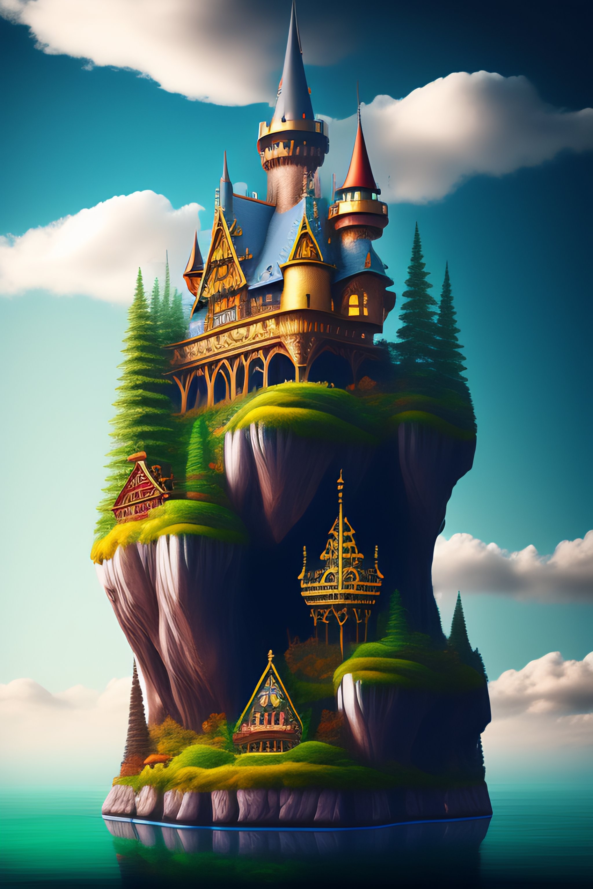 Lexica - WIzard castle floating in the sky with forests and trees beneath