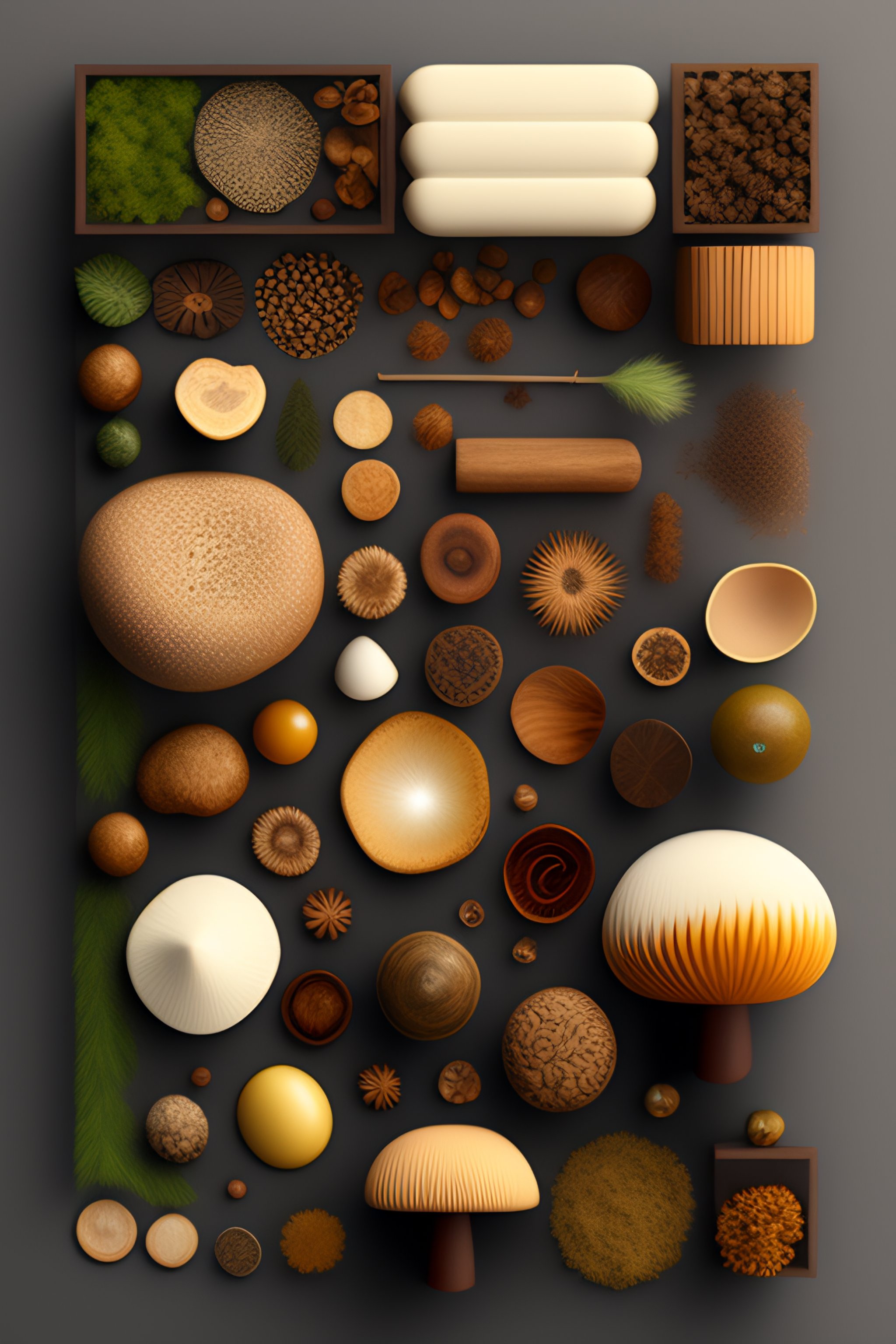 Lexica - 'Mushroom, Knolling, Knolling layout, Earth tones, Natural ...