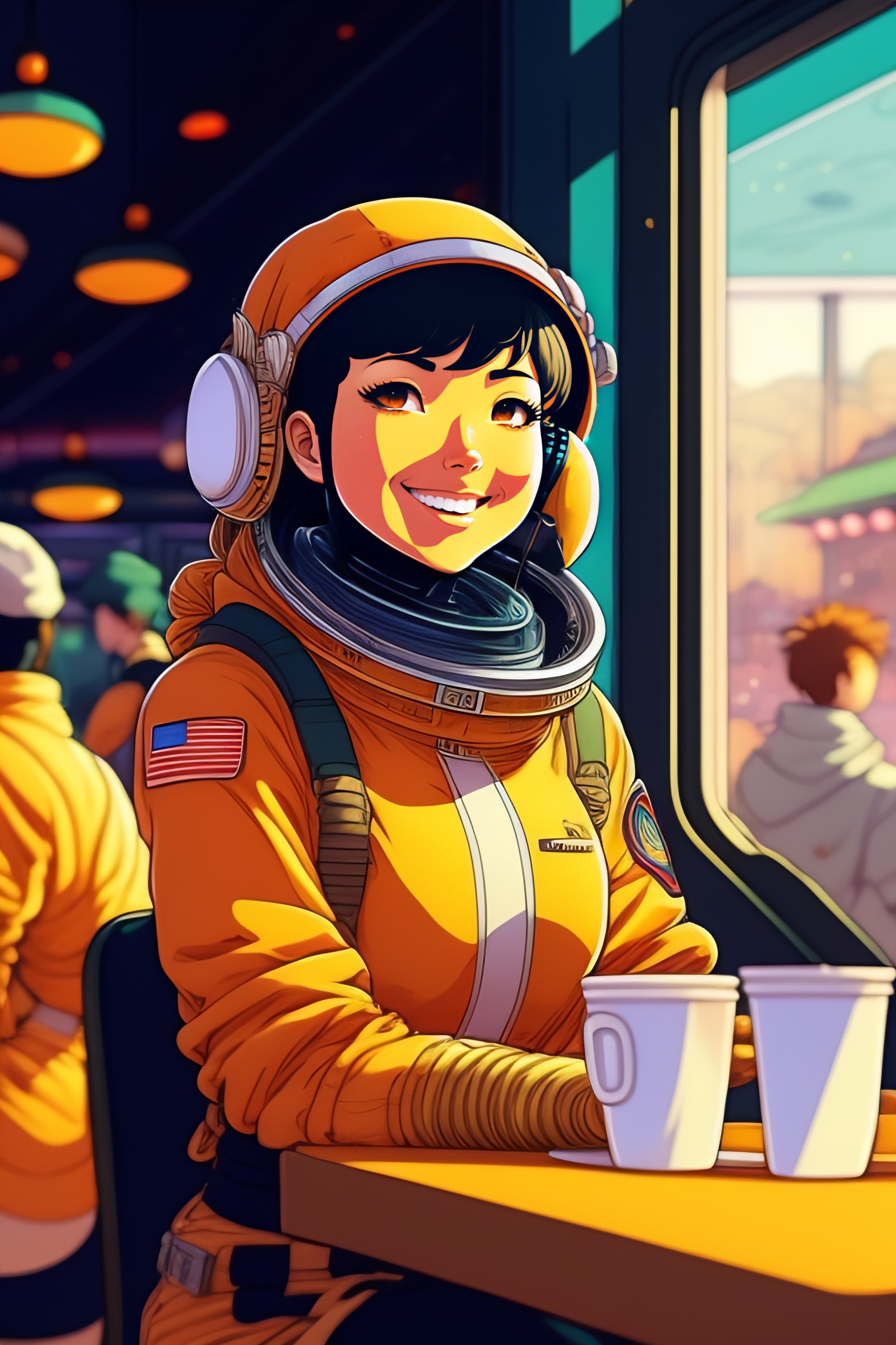 Lexica - Photo of a smiling Astronaut at a cafe, style of laurie ...
