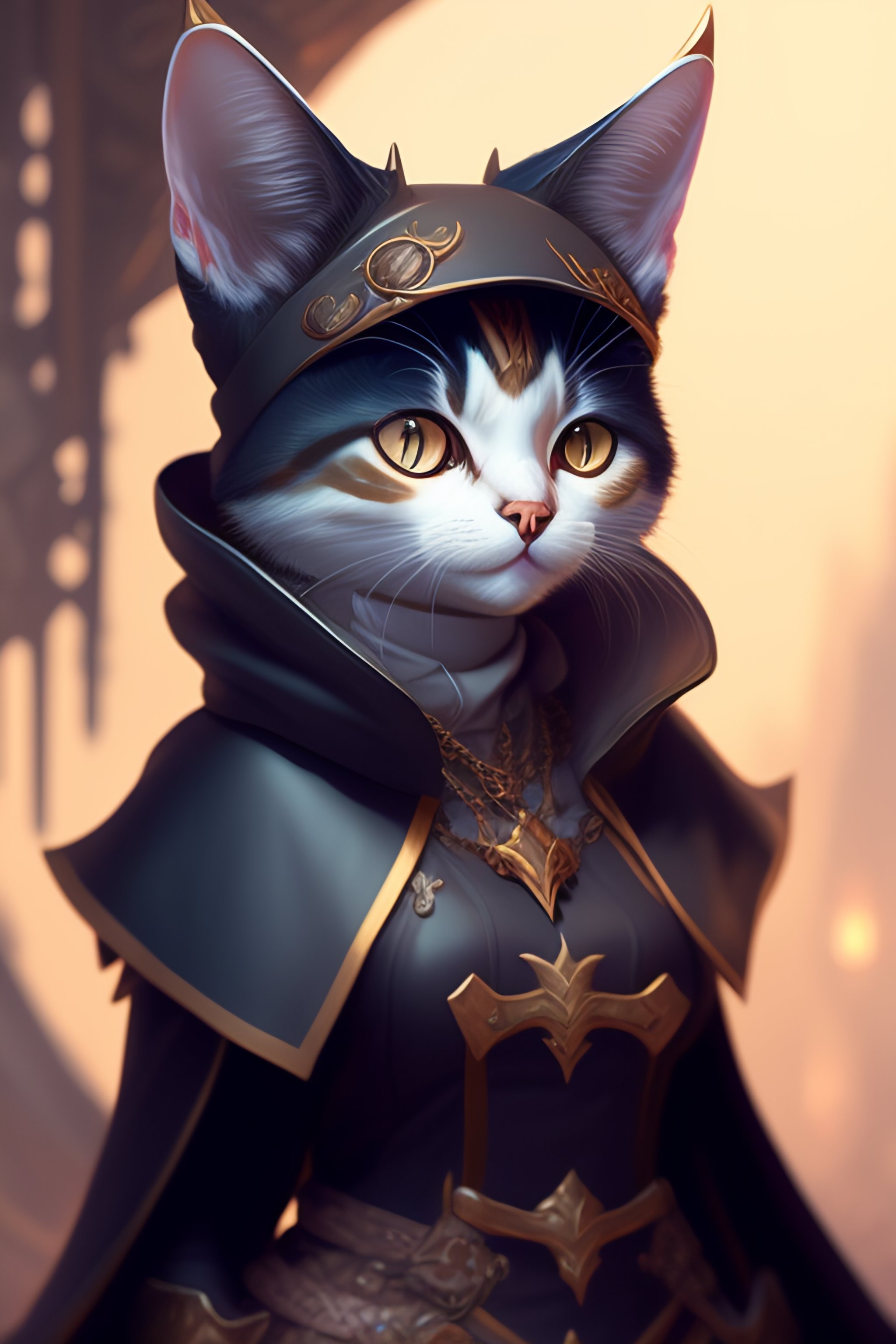 Lexica - Closeup of a cute cat witch with staff cloack and pack, D&D ...