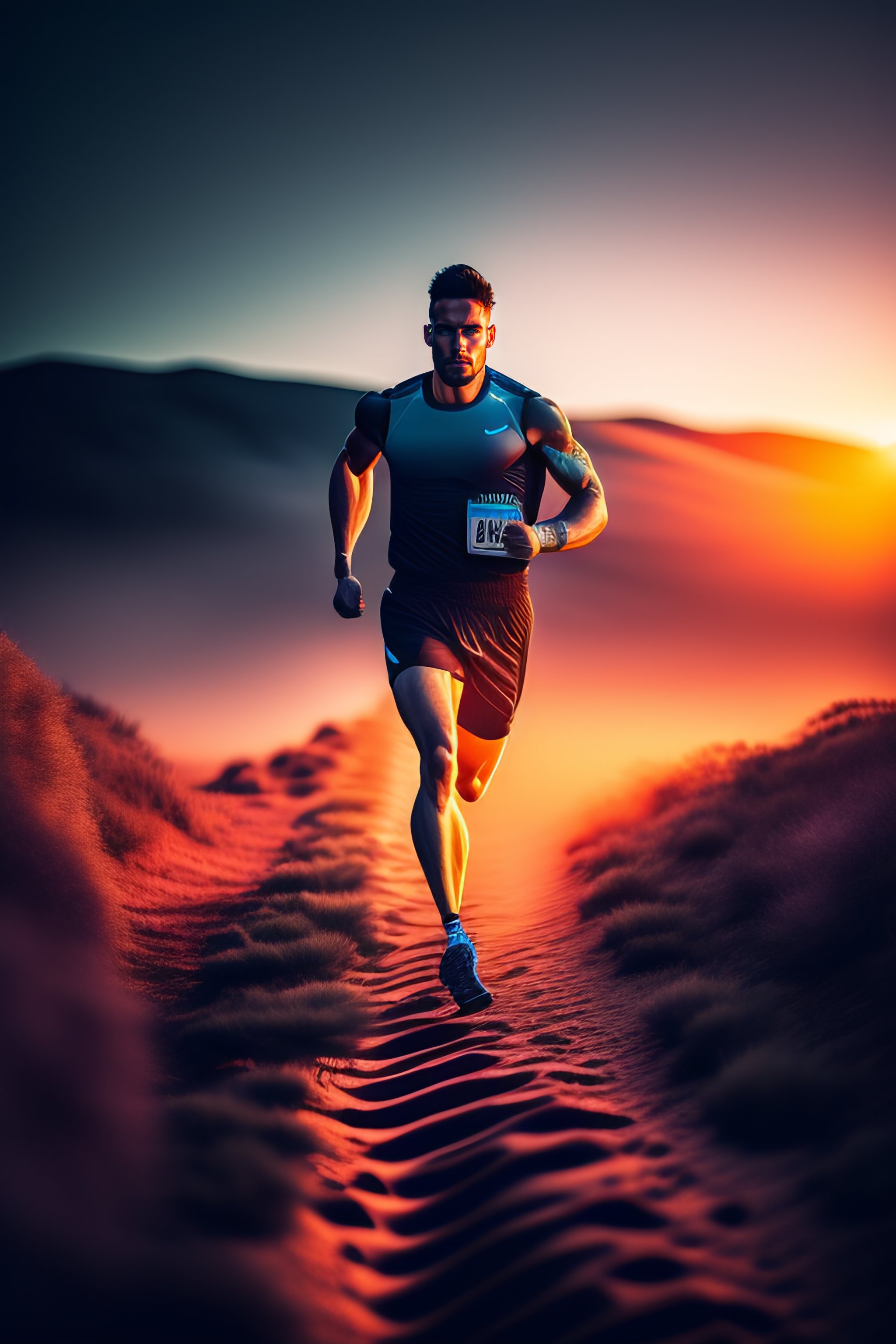 Lexica - 120mm photograph of man runner, realistic landscape, 8k, neon ...