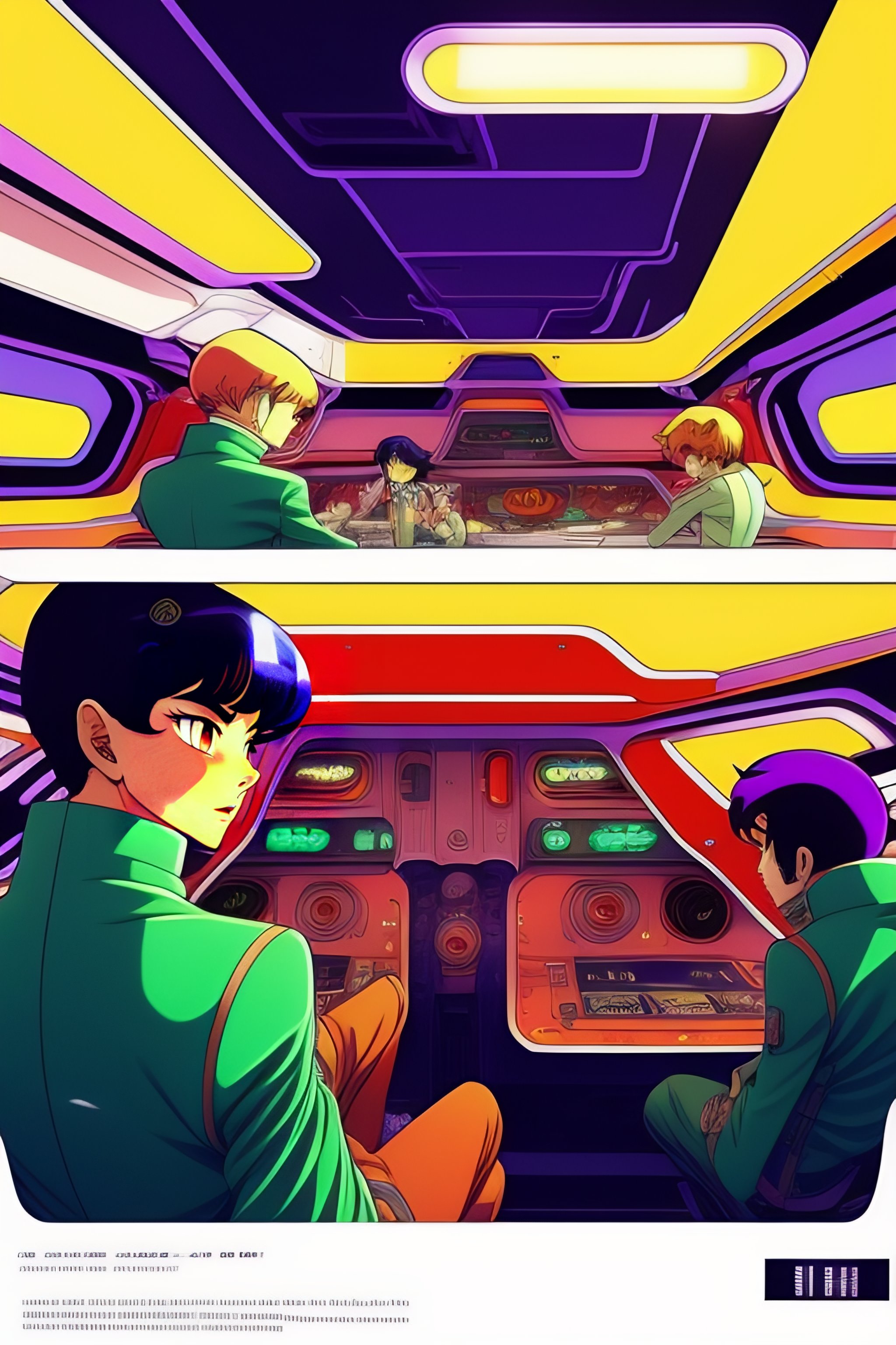 Lexica - Vintage 60's anime style. cluttered starship interior; crew ...