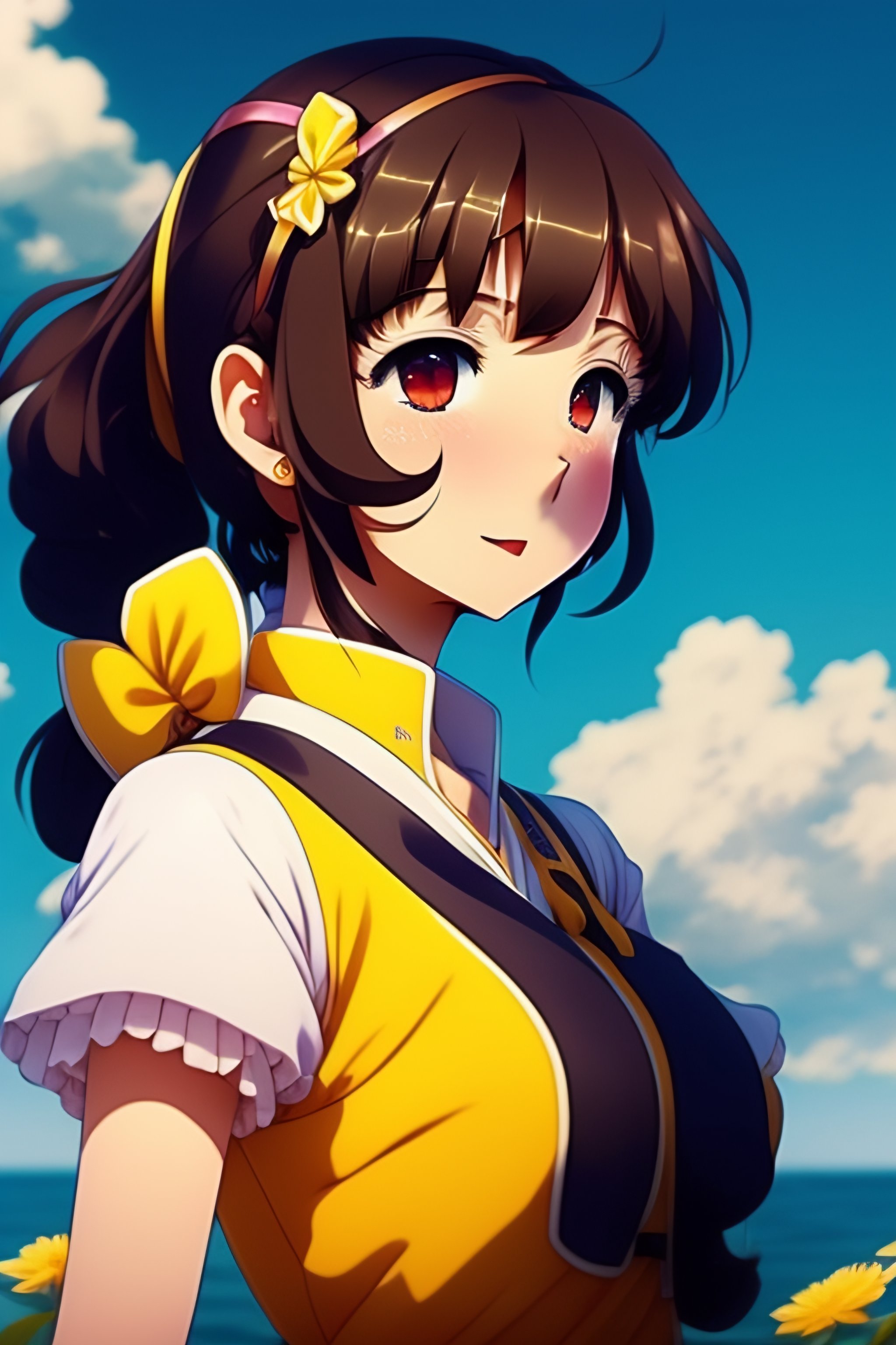 Lexica - Haruhi Suzumiya wearing ((a yellow headband with ribbon on both sides)) and a white ...