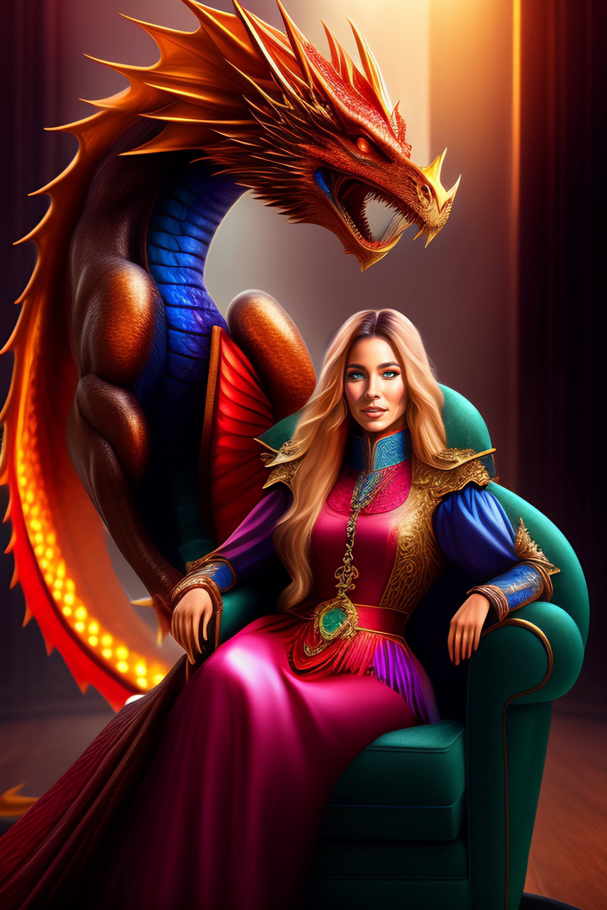 Lexica - A female mage sitting in a chair shaped like a dragon in a ...