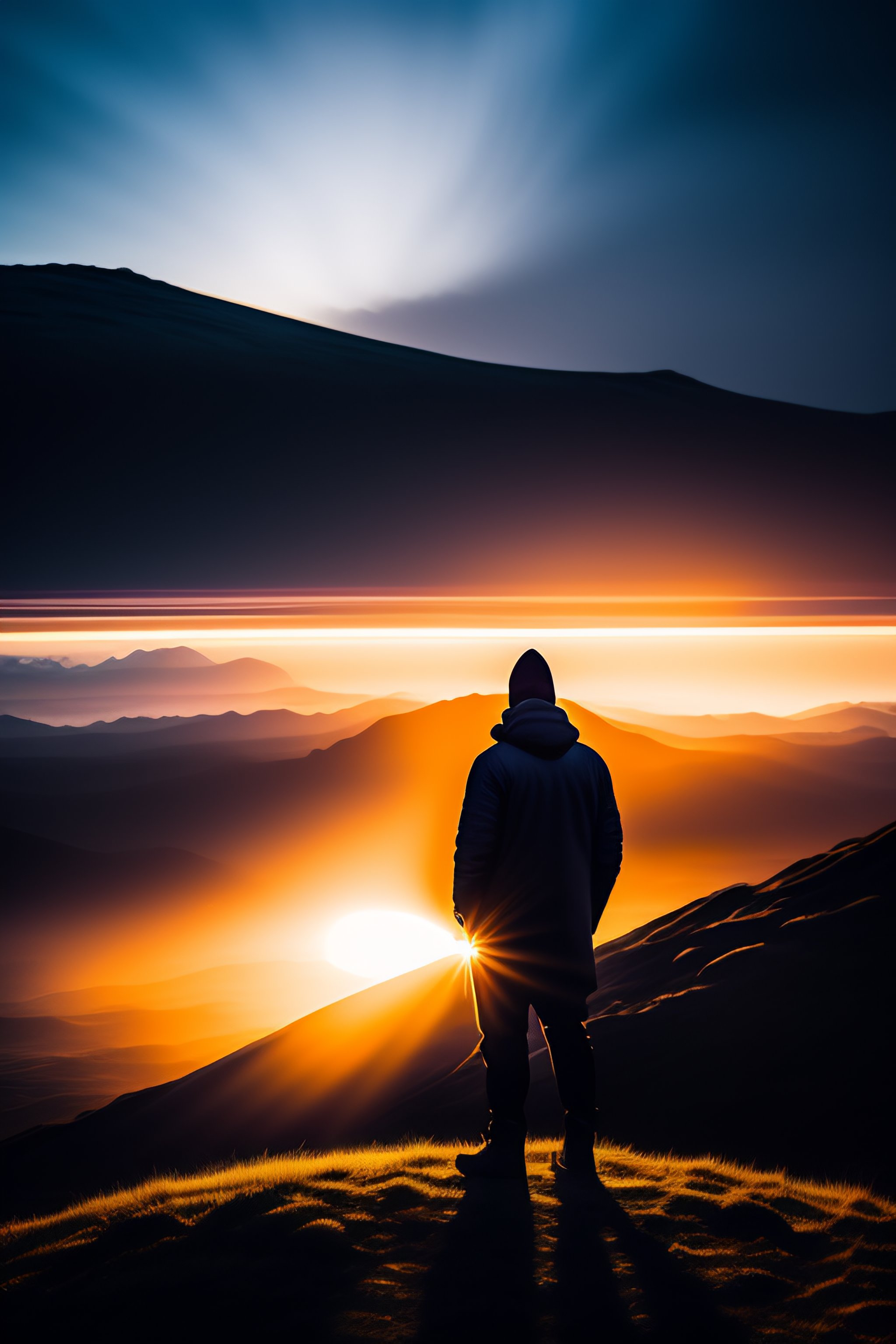 Lexica - A photo of a lone figure standing on a mountaintop, surrounded ...
